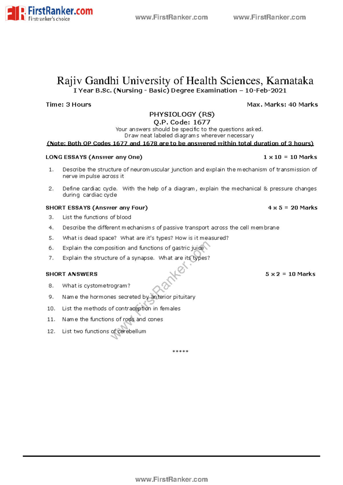 Physiology Exam Notes for I Year B.Sc. Nursing (RS) - Q.P. Code 1677 ...