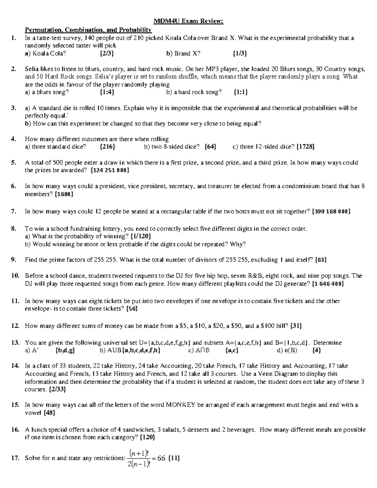 MDM4U Exam Review 2024: Probability, Permutations & Combinations Guide ...