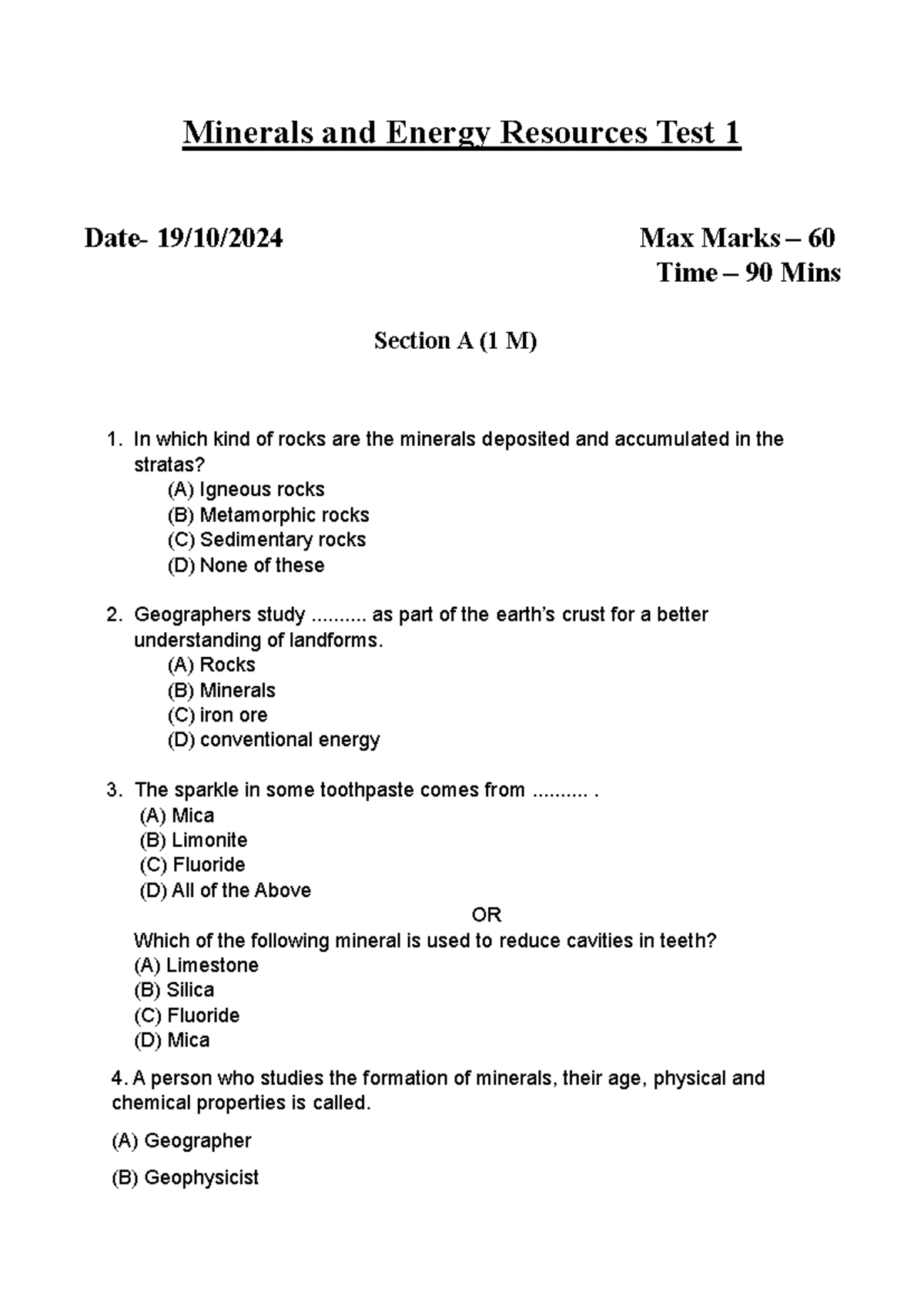Minerals and Energy resources Revision Worksheet 1 - Minerals and ...