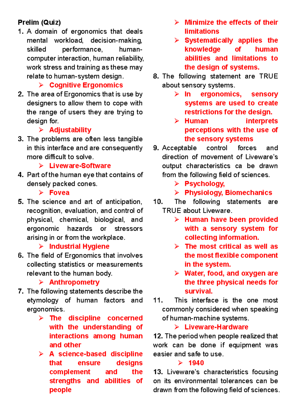 Ergonomics Prelim Quiz: Key Questions and Concepts Review - Studocu