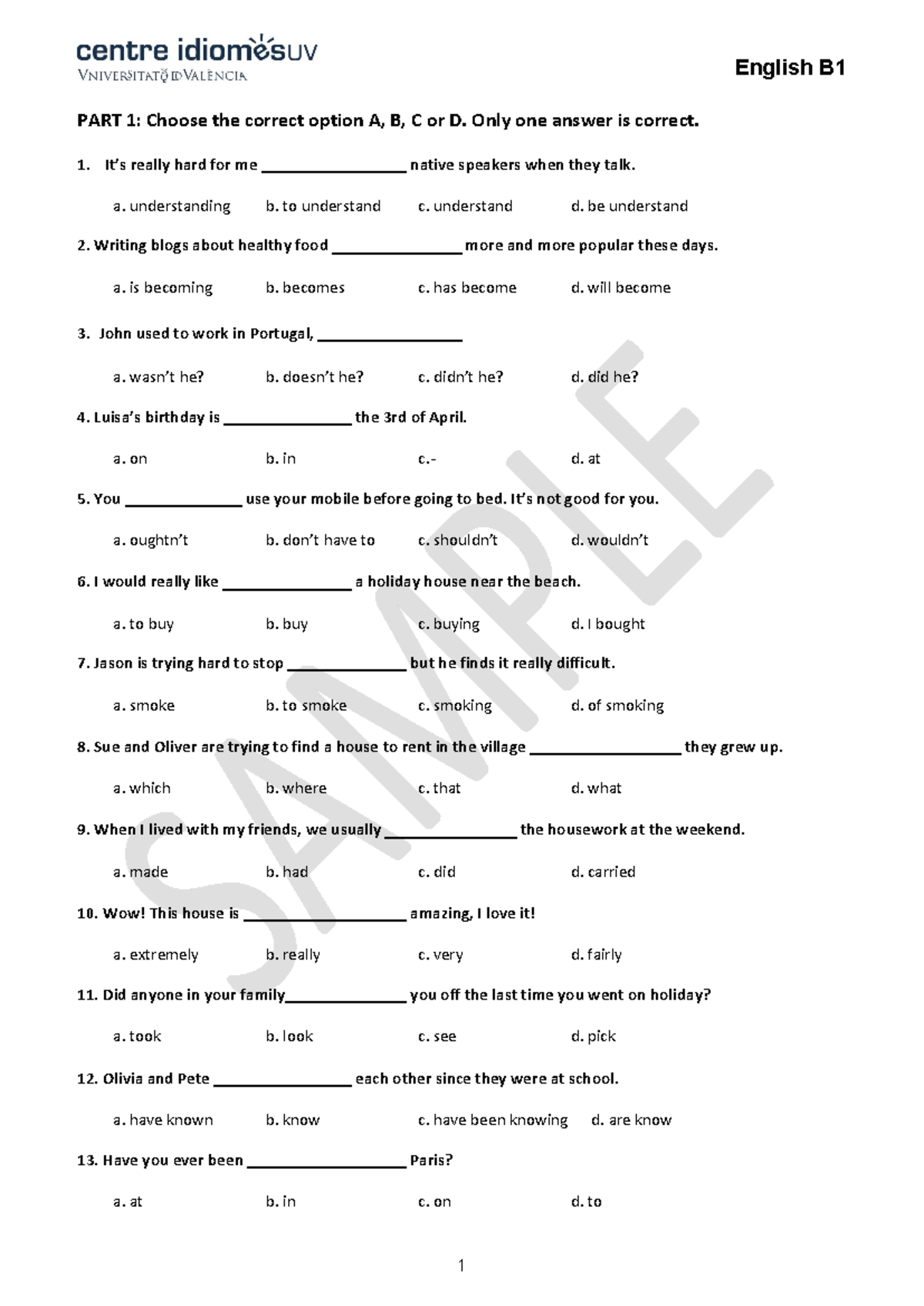 English B1 Exam Practice: Multiple Choice Questions and Reading ...
