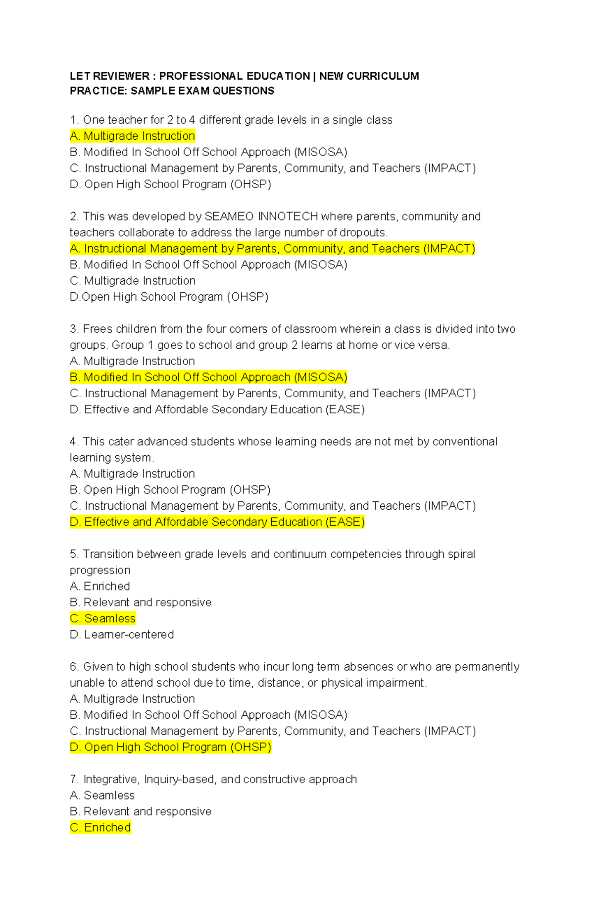 LET Reviewer: Prof Ed Practice Exam Sample Questions - Studocu