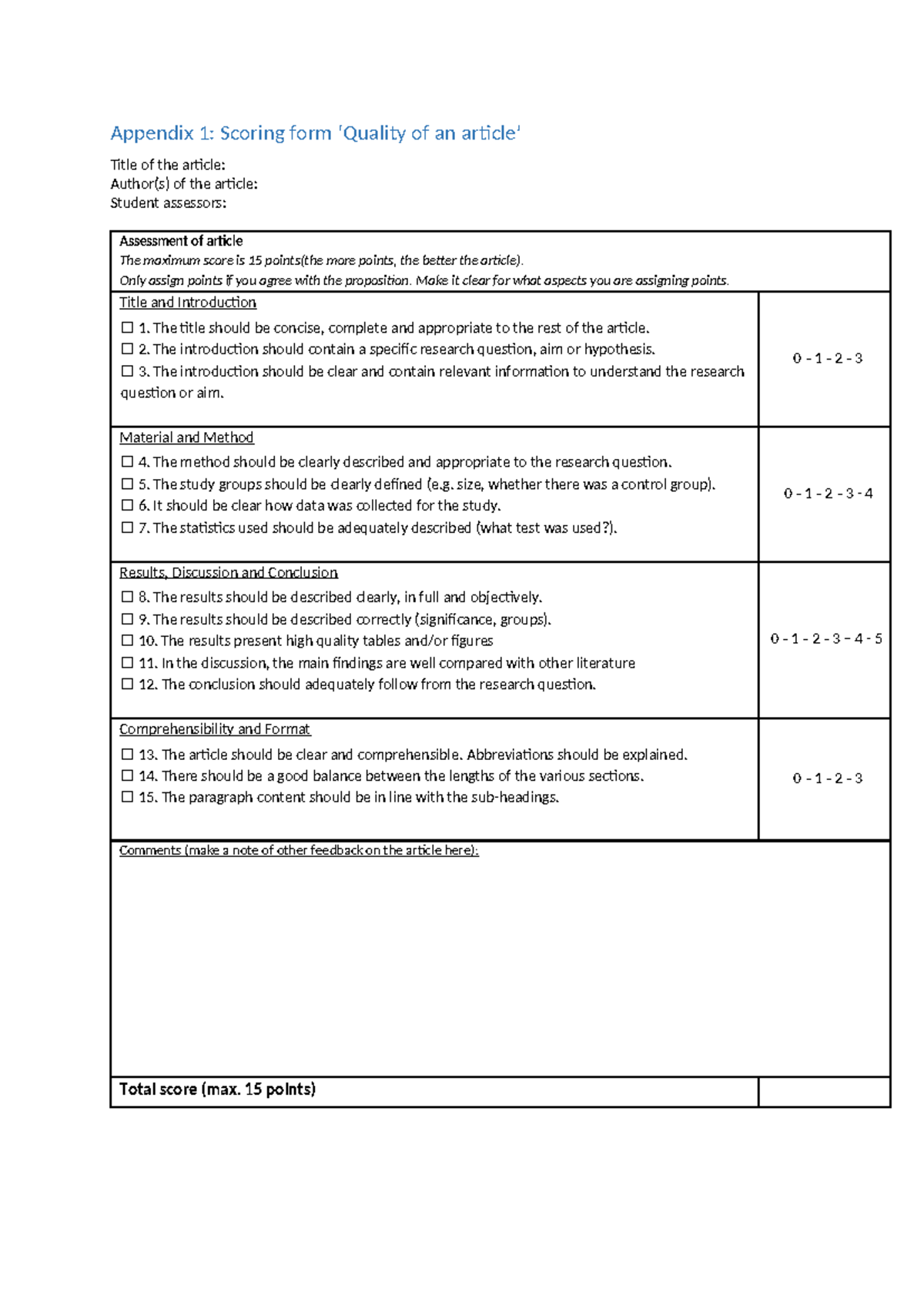 EBM Appendix 1: Article Quality Scoring Form (Max 15 Points) - Studeersnel