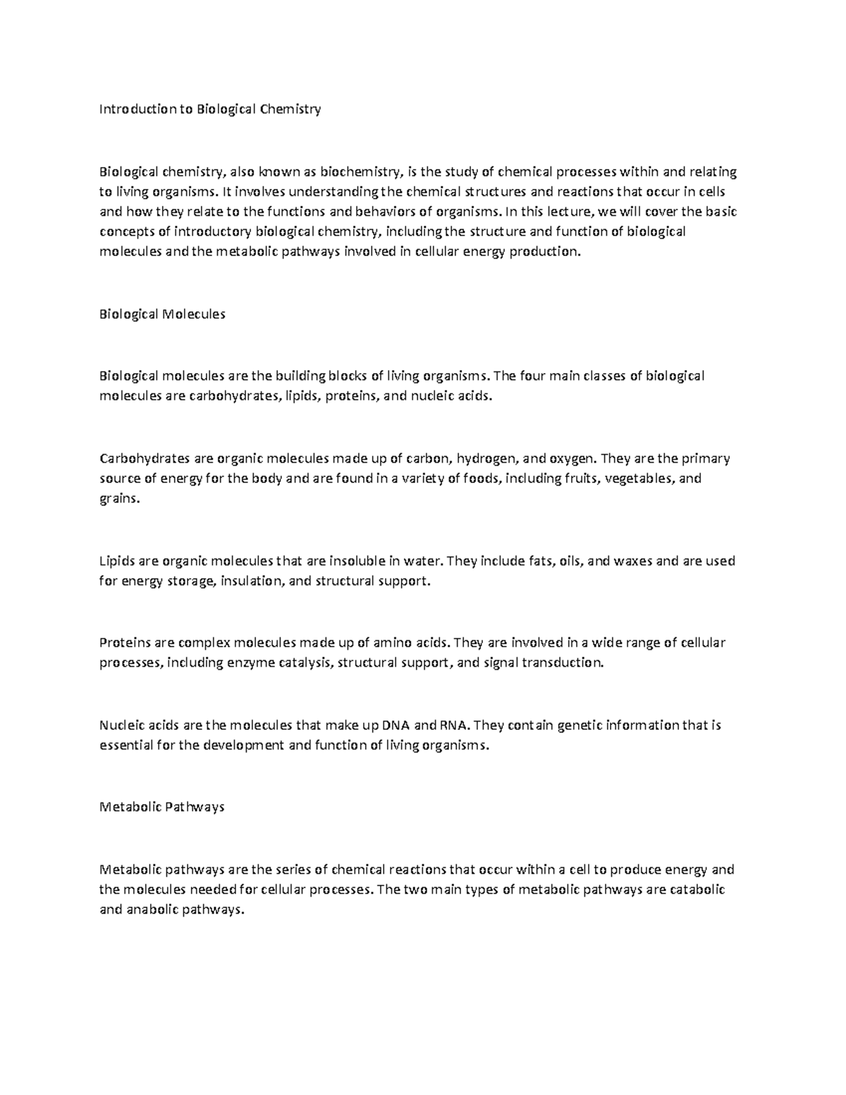 Biological Chemistry 101: Introductory Lecture Notes and Concepts - Studocu
