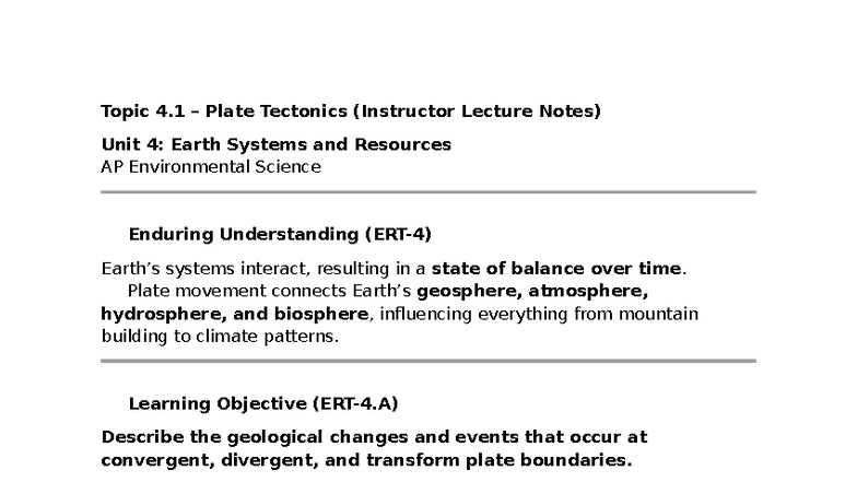 Unit 4: Earth Systems - Plate Tectonics Lecture Notes (APES) - Studocu