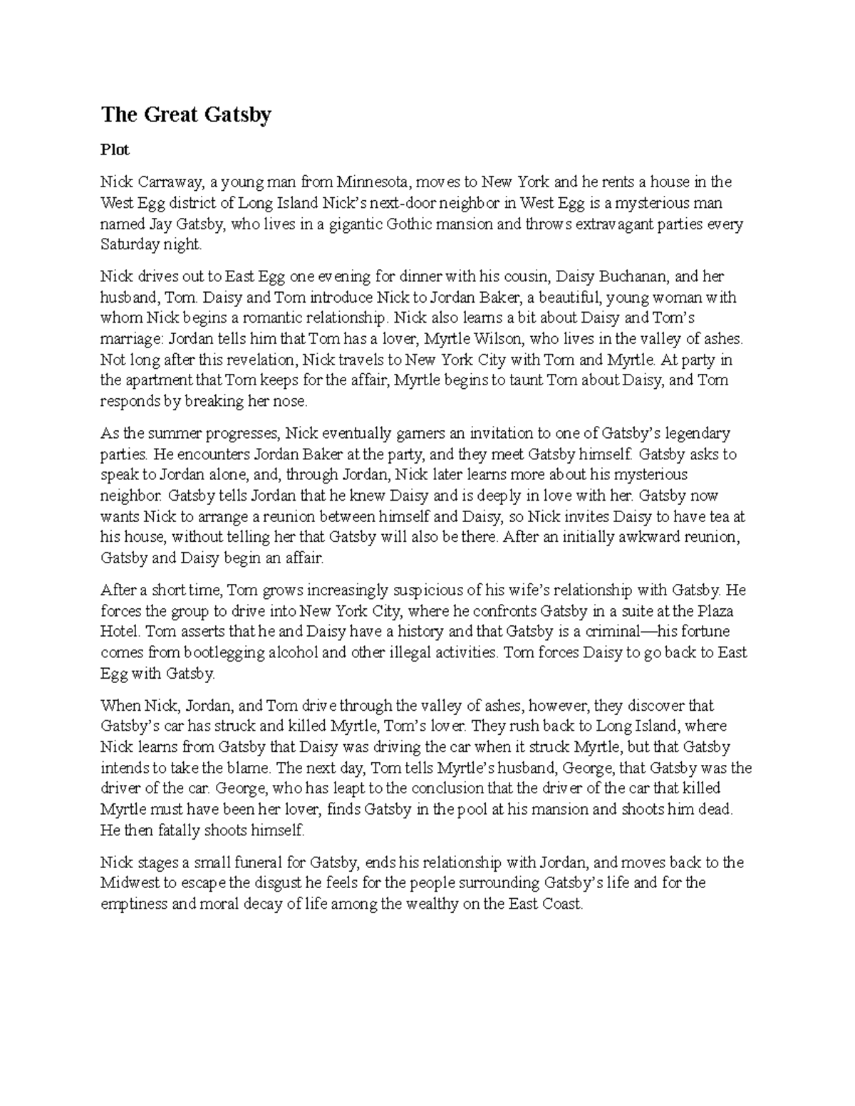 The Great Gatsby: Plot Summary and Character Analysis - Studocu