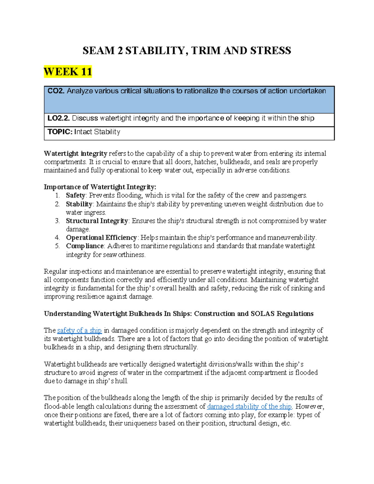 WEEK 11 SEAM 2: Stability, Trim & Stress - Watertight Integrity ...