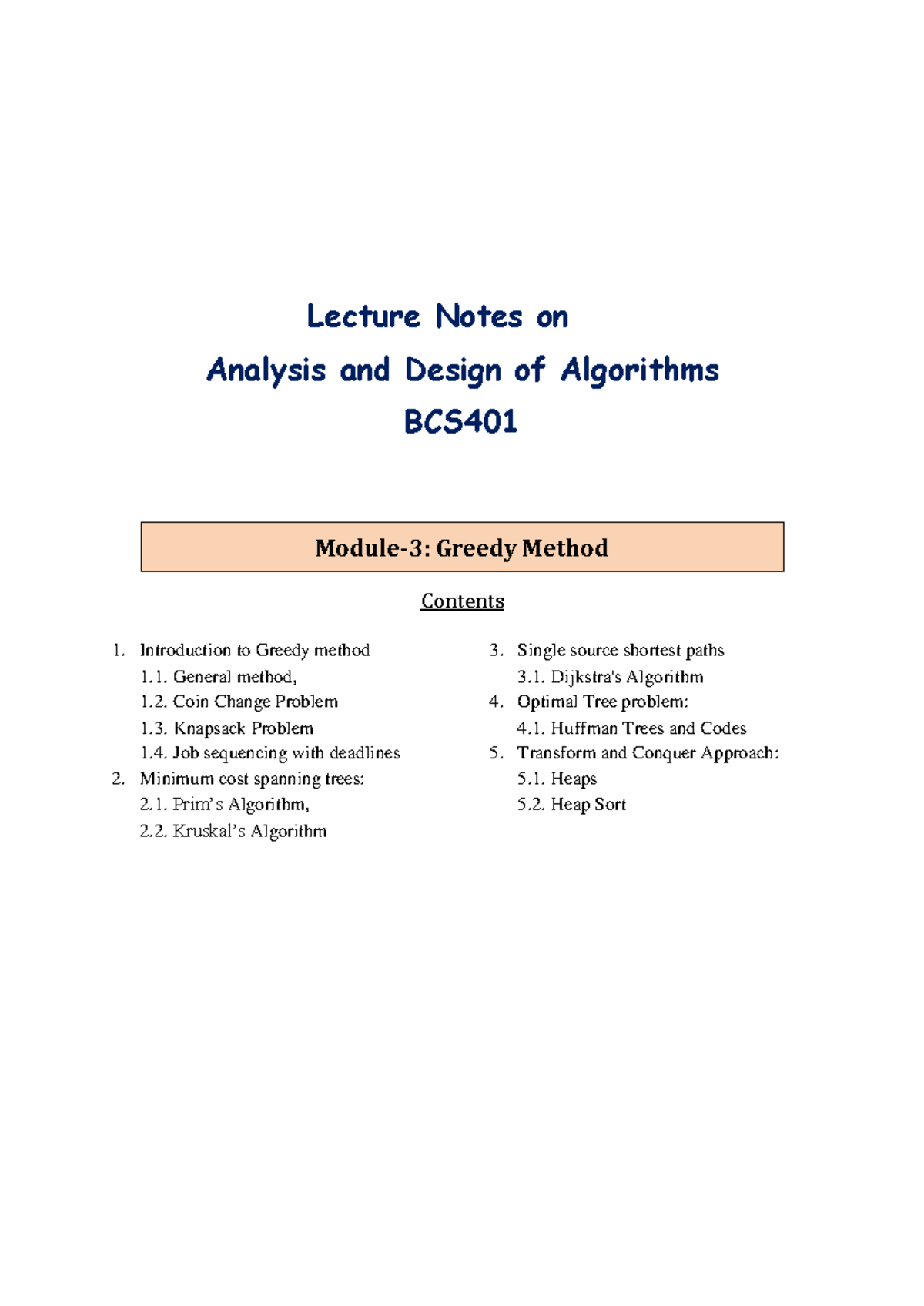ADA BCS Module 3: Greedy Method - Lecture Notes Overview - Studocu