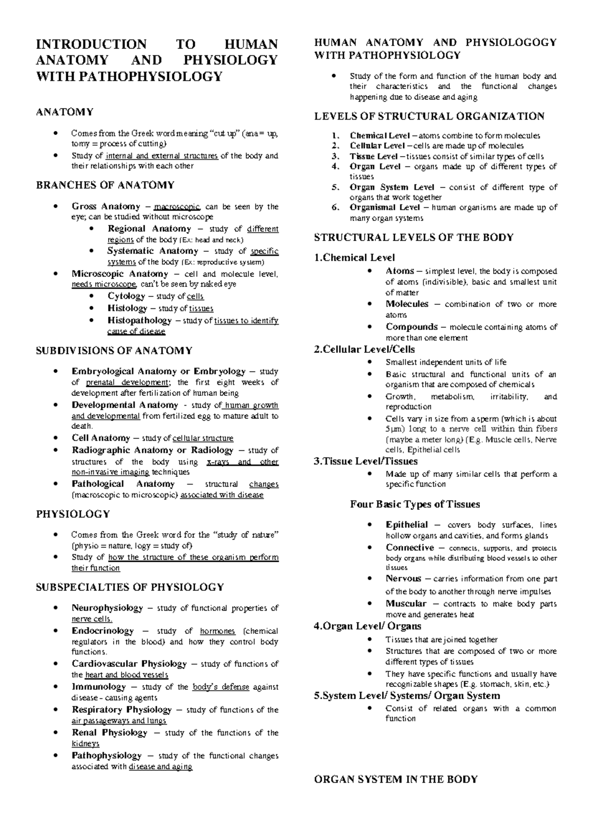 Introduction to Human Anatomy & Physiology: Structural Organization ...