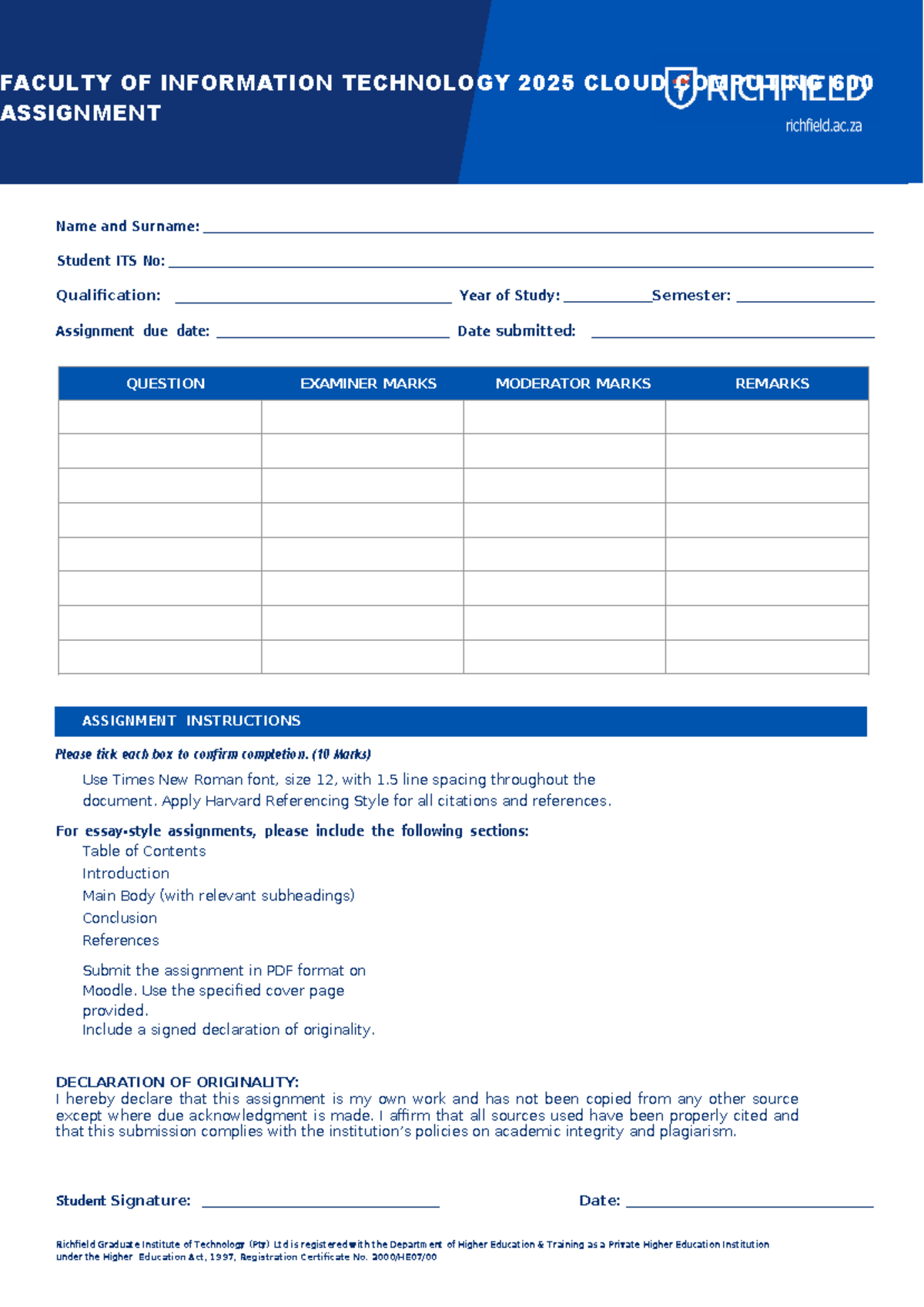 CLOUD COMPUTING 600 ASSIGNMENT COVER PAGE - 2025 - Studocu