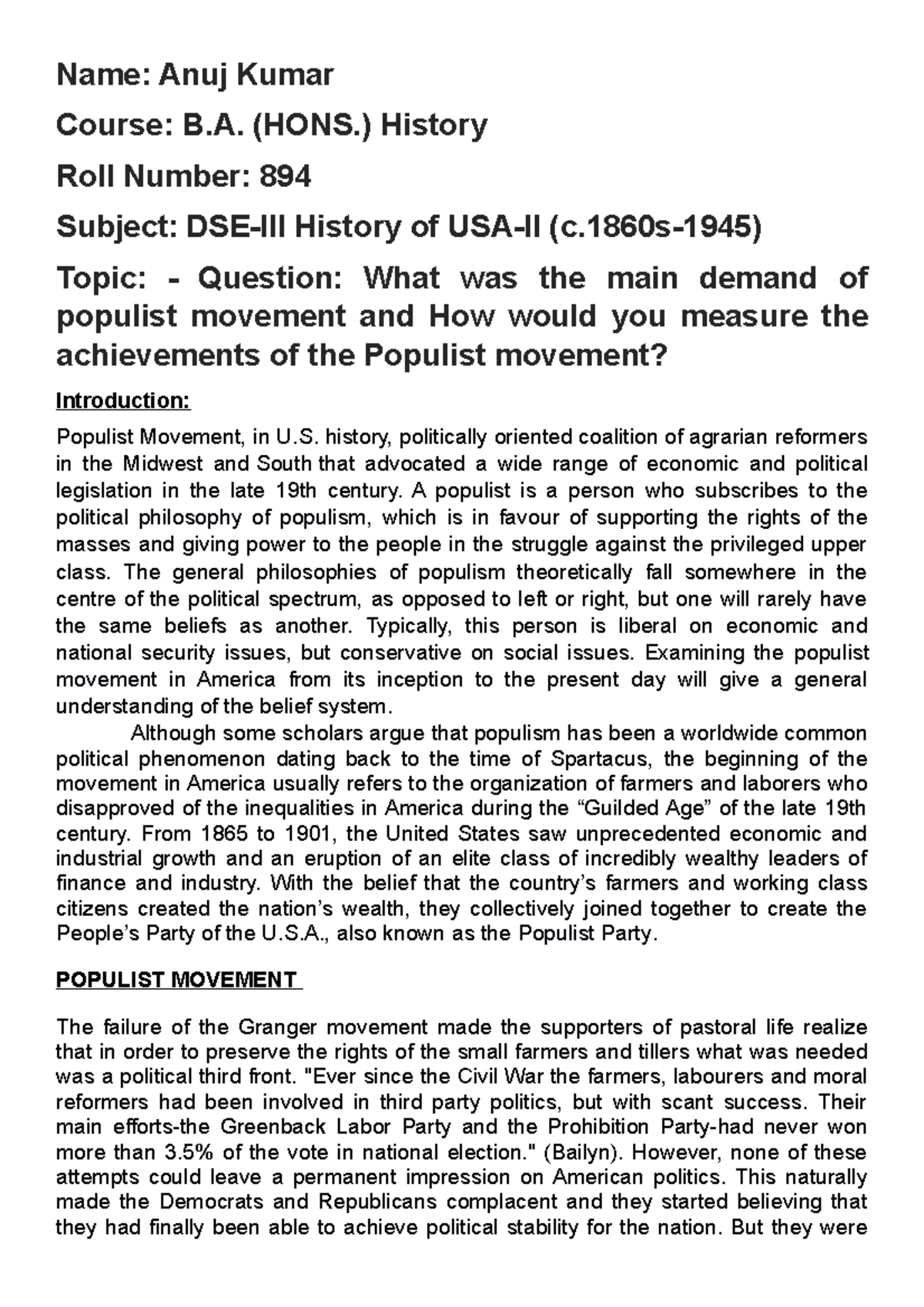 DSE-III Essay on the Rise and Impact of the Populist Movement - Studocu