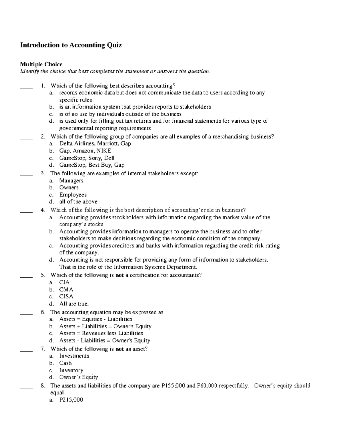 Basic accounting concepts quiz - Introduction to Accounting Quiz ...