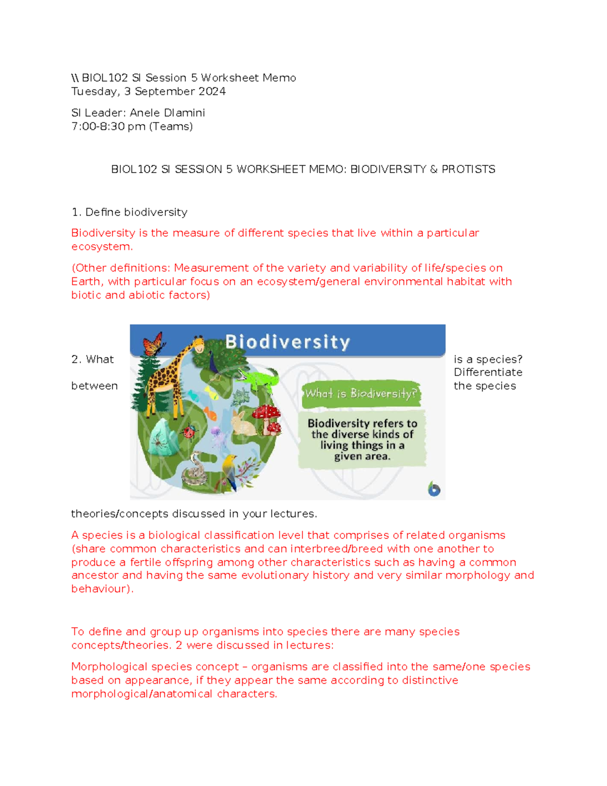 BIOL102 SI Session 5 Worksheet MEMO - Anele Dlamini - \ BIOL102 SI Session 5 Worksheet Memo ...