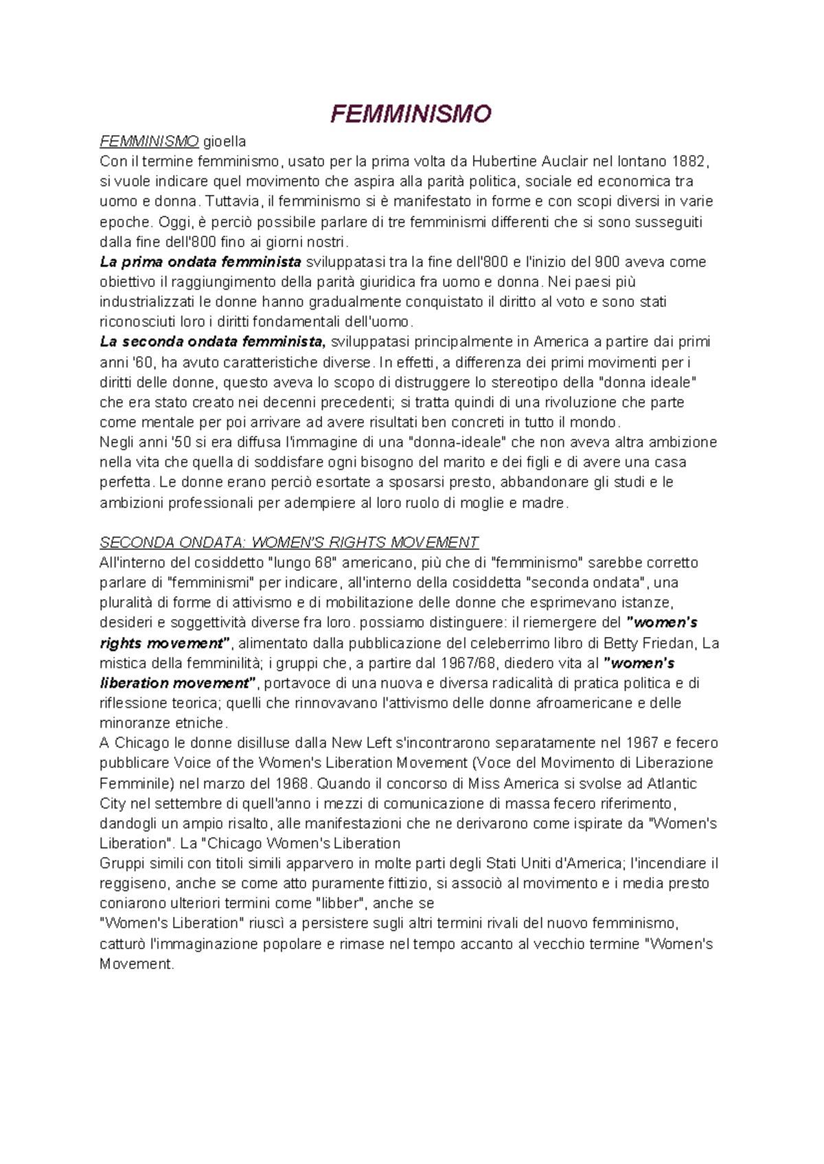 FEMMINISMO: STORIA E SVILUPPO DELLE ONDATE FEMMINISTE - Studocu