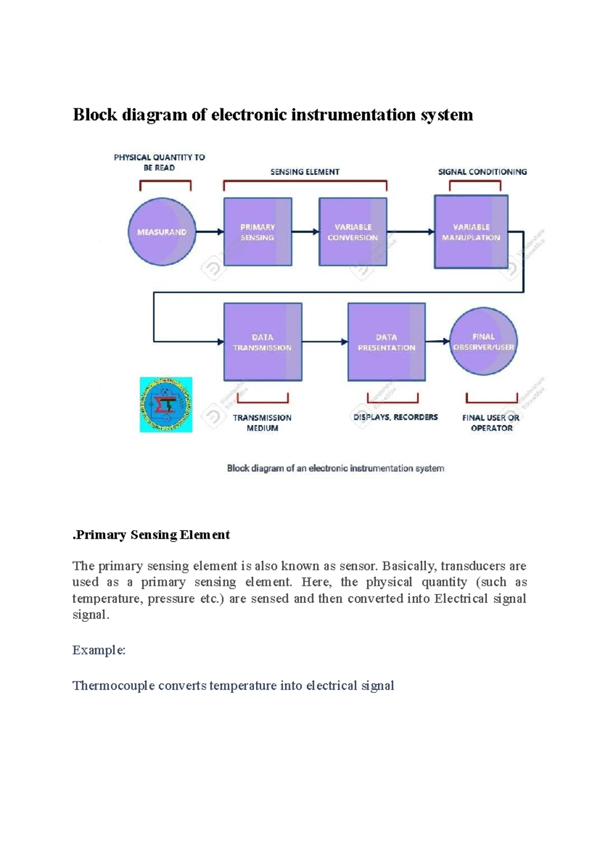 Instrumentation System Block Diagram and Primary Sensing Elements - Studocu
