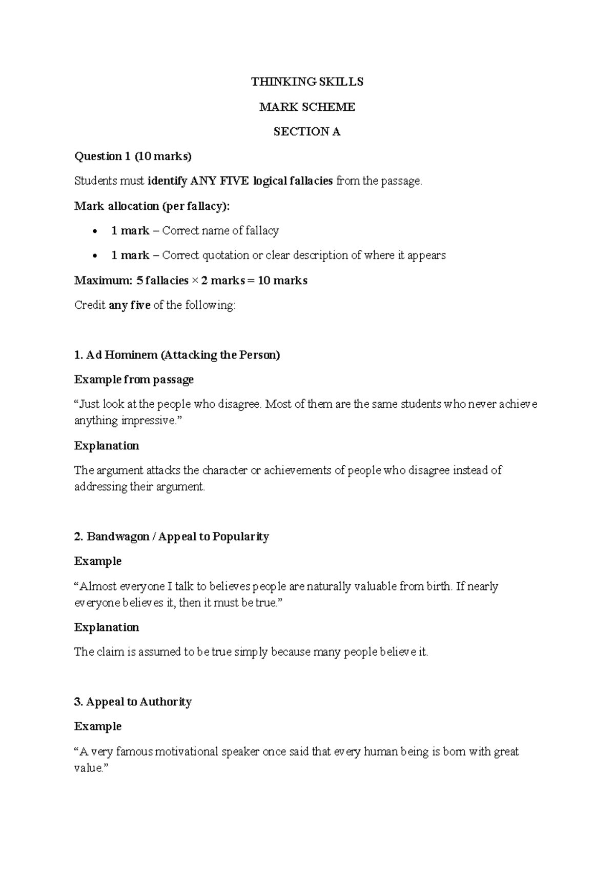 THINKING SKILLS MS MARK SCHEME: LOGICAL FALLACIES & ARGUMENTS - Studocu