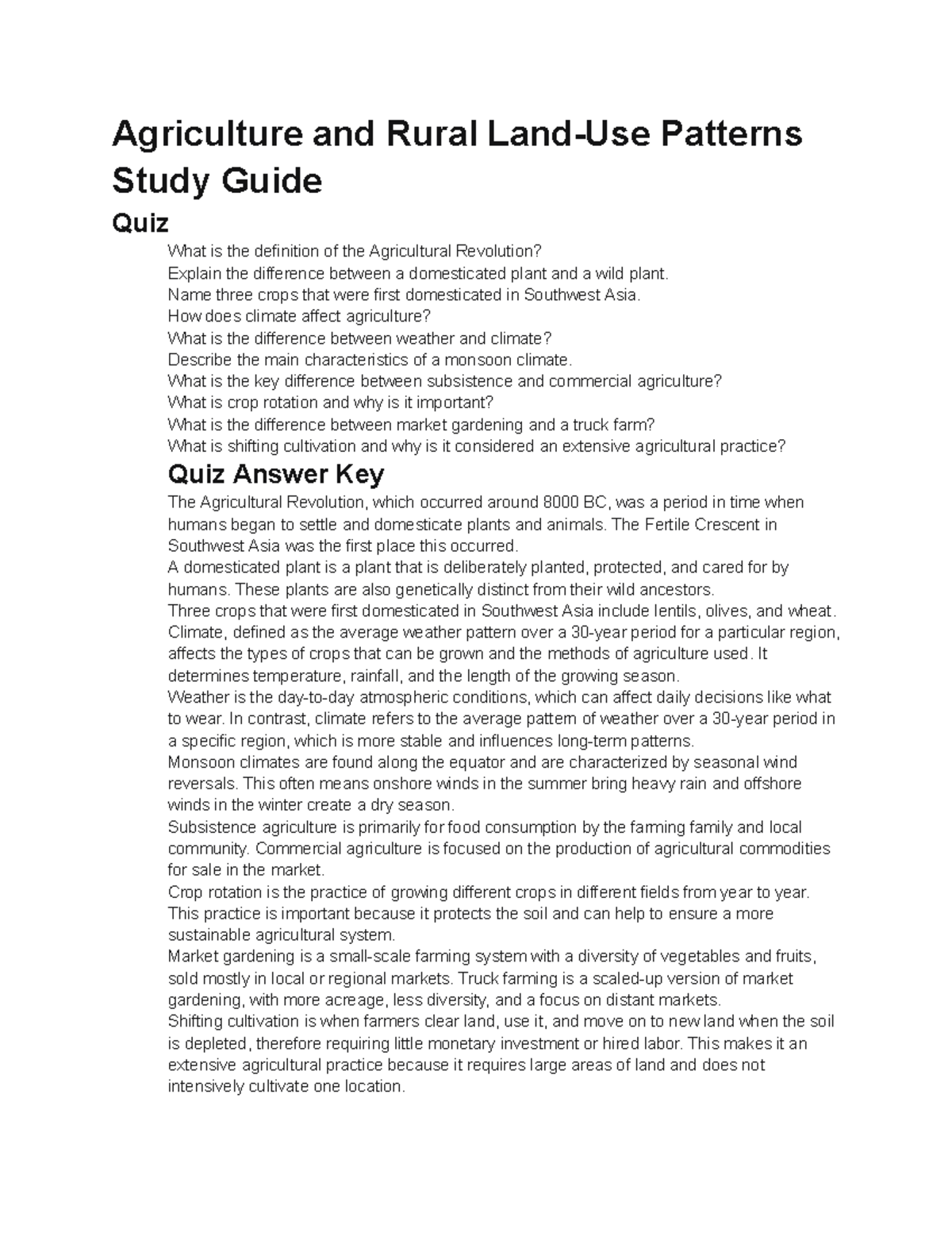 Agriculture and Rural Land-Use Patterns Study Guide Quiz - Studocu