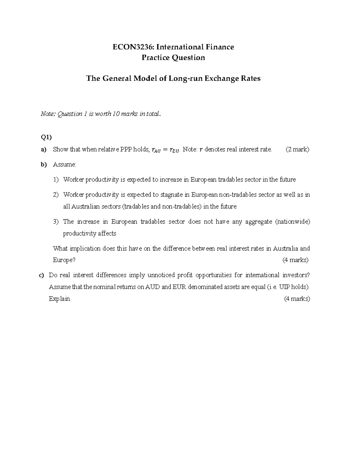 Practice questions 4 - ECON3236: International Finance Practice ...