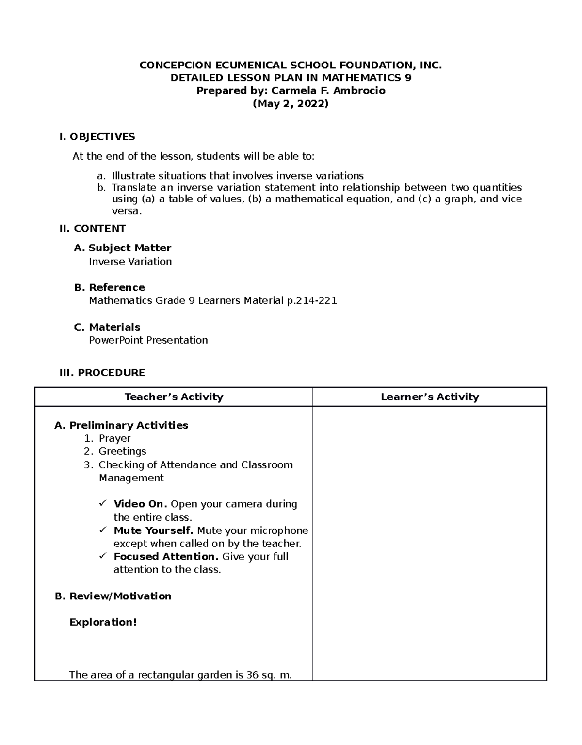 Math 9 - Detailed Lesson Plan: Inverse Variation (DLP) - Studocu
