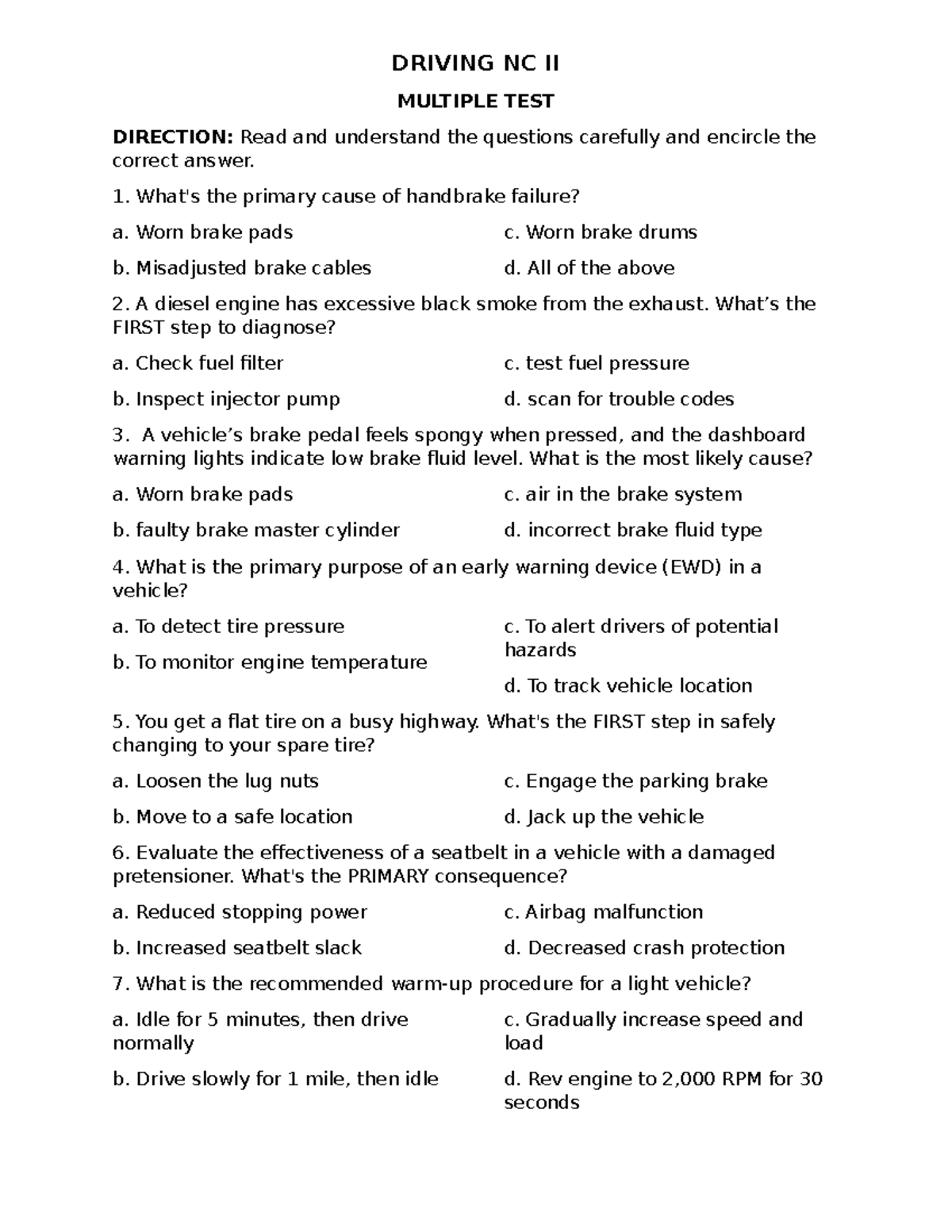 Driving NC II Written Exam: Multiple Choice Questions & Answers - Studocu