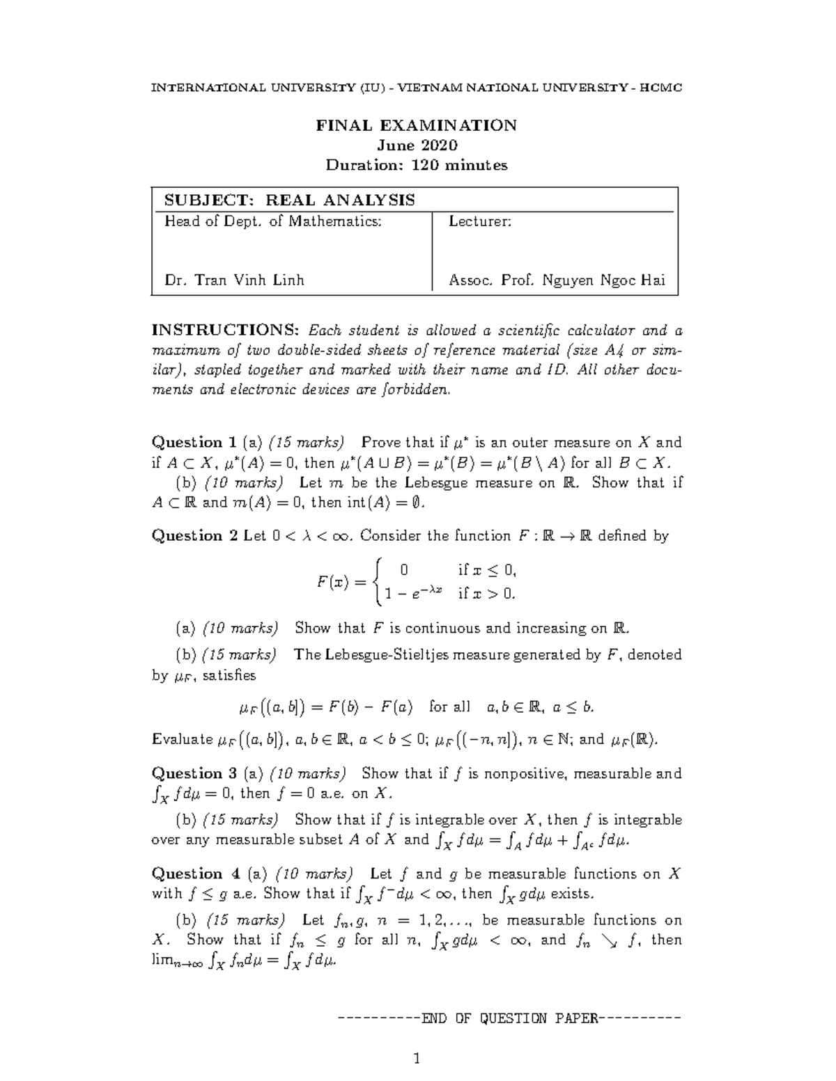 Real Analysis Final Exam IU Vietnam June 2020 - Studocu
