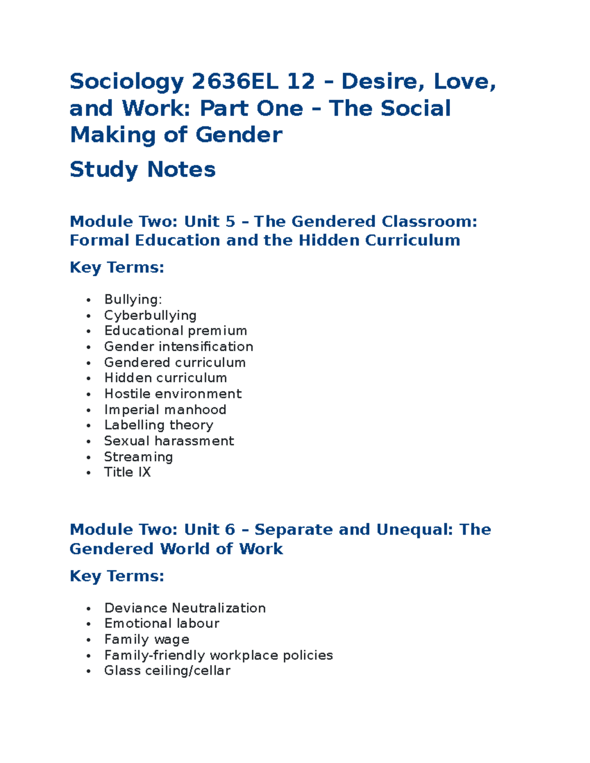Sociology 2636EL Final Exam Study Notes on Gender and Work - Studocu