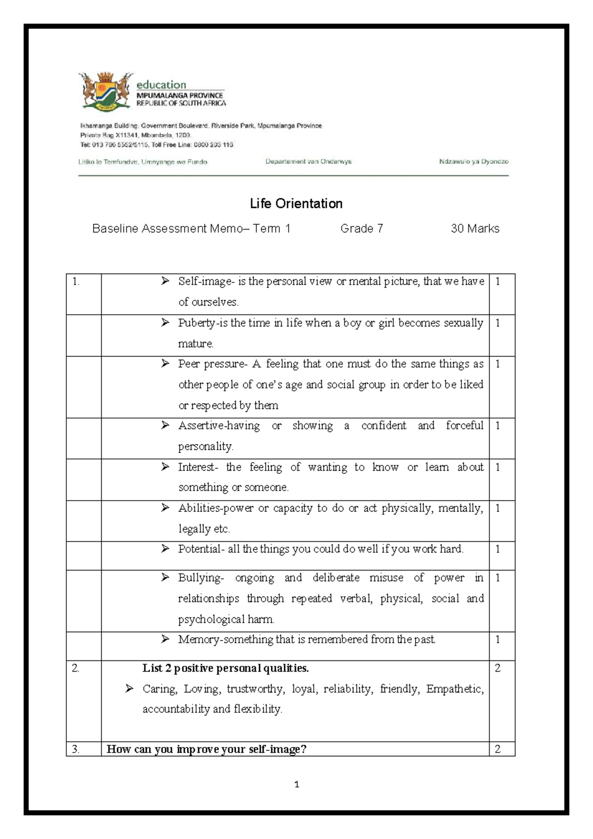 Life Orientation Baseline Assessment Term 1 - Grade 7 Memo 2026 - Studocu