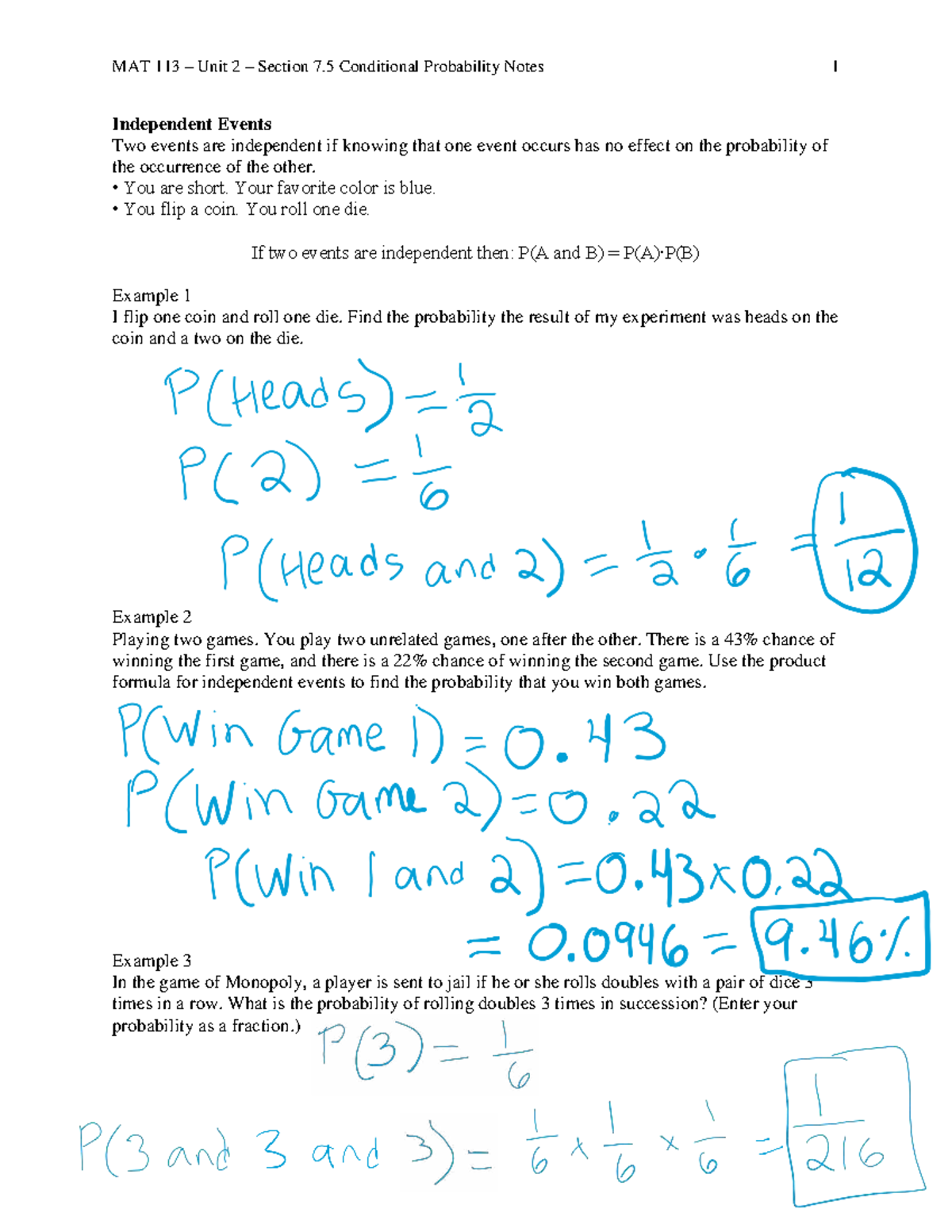 MAT 113 Unit 2 Section 7.5 Conditional Probability & Independent Events ...