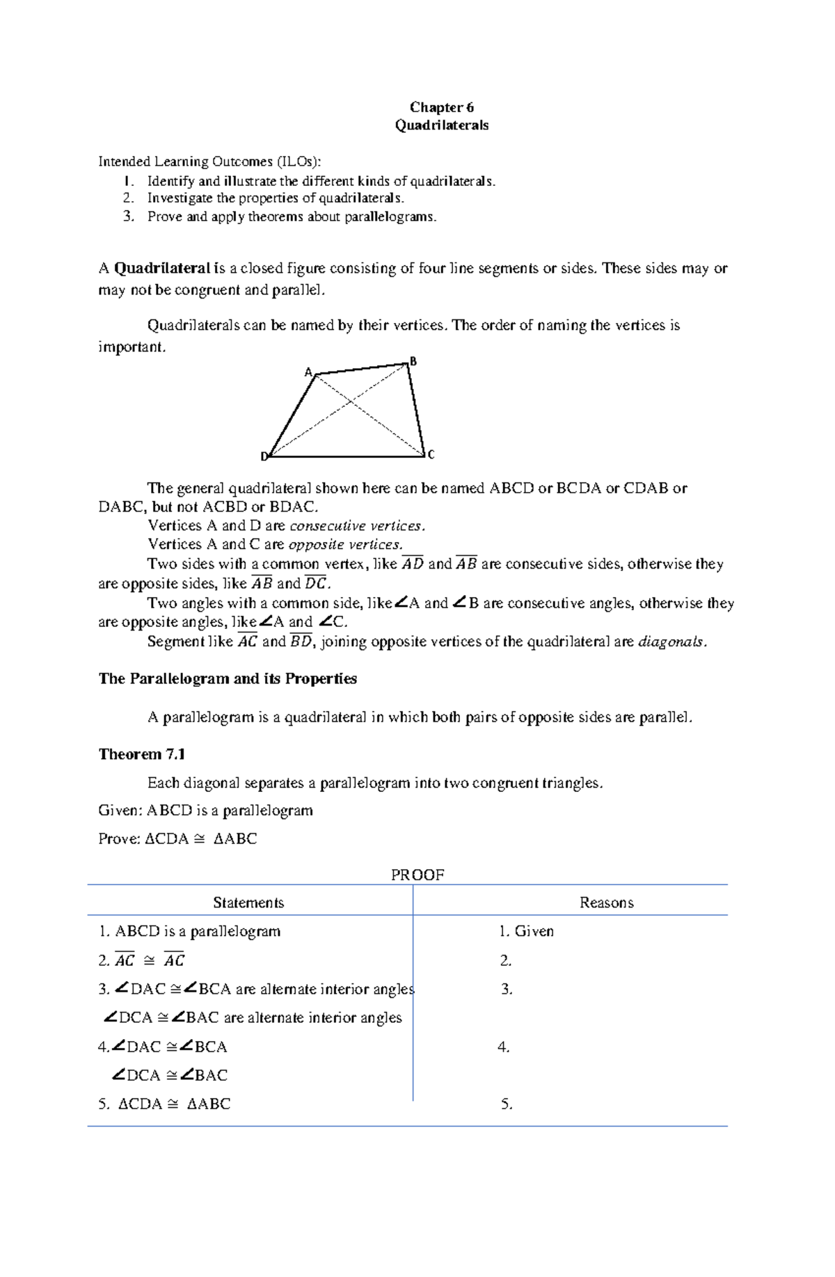 Chapter 6 Quadrilaterals - Chapter 6 Quadrilaterals Intended Learning ...