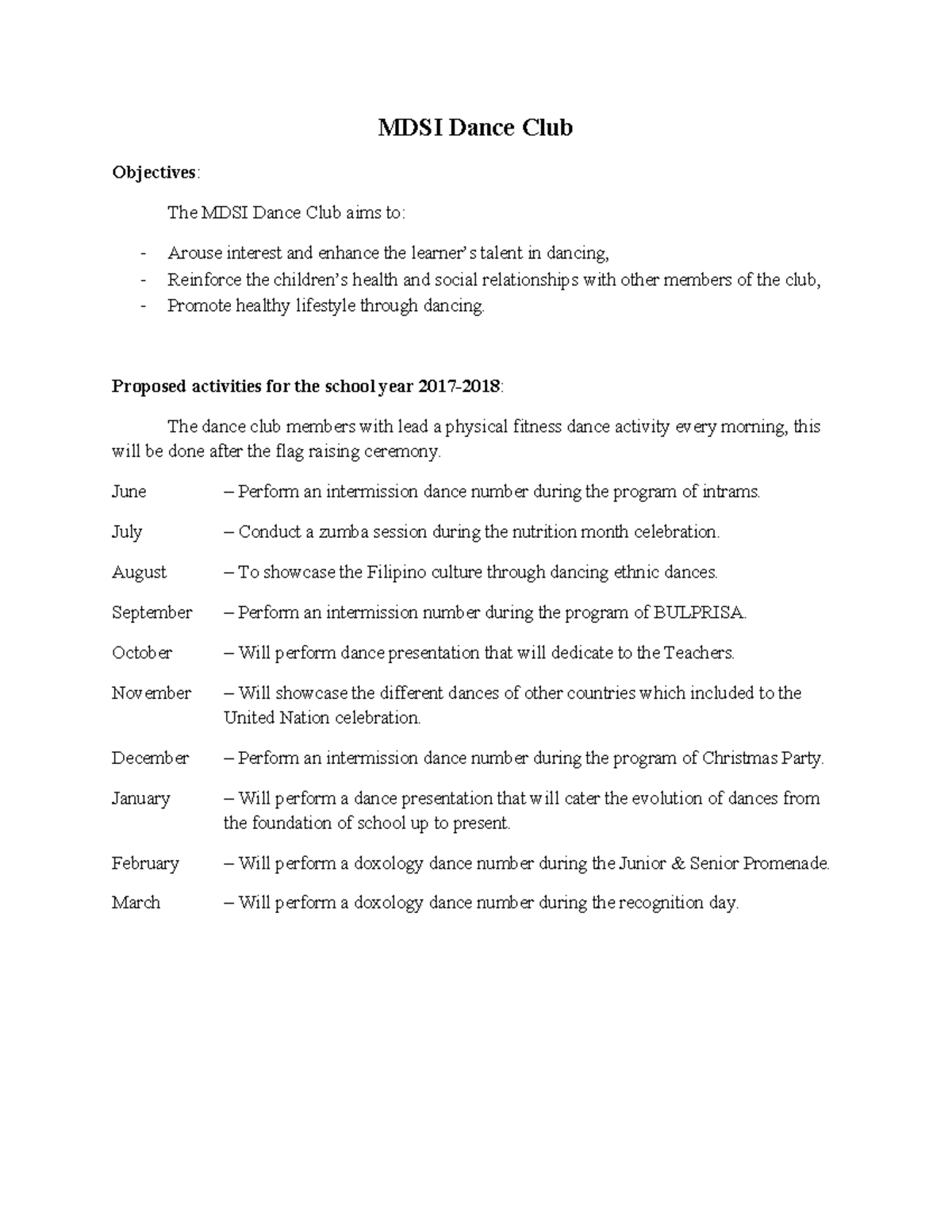 MDSI Dance Club Activities and Objectives for 2017-2018 - Studeersnel