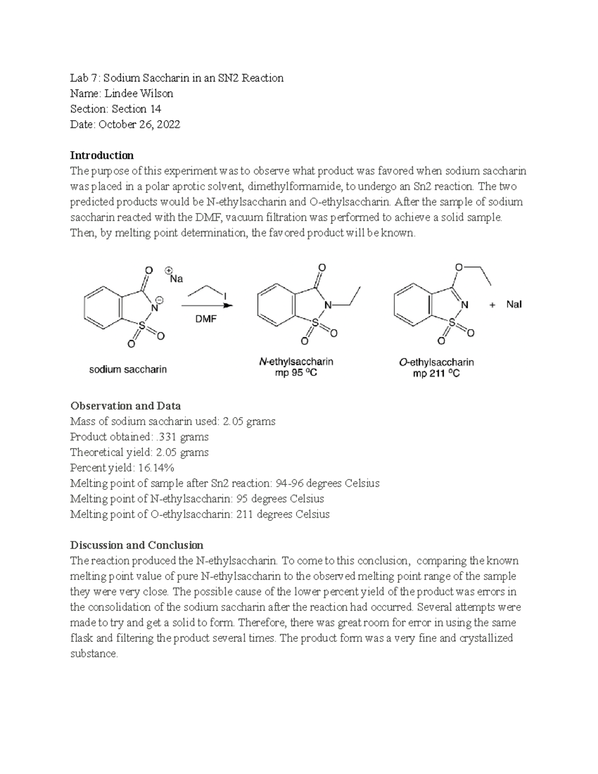 Lab 7 Report: SN2 Reaction Analysis of Sodium Saccharin - Studocu