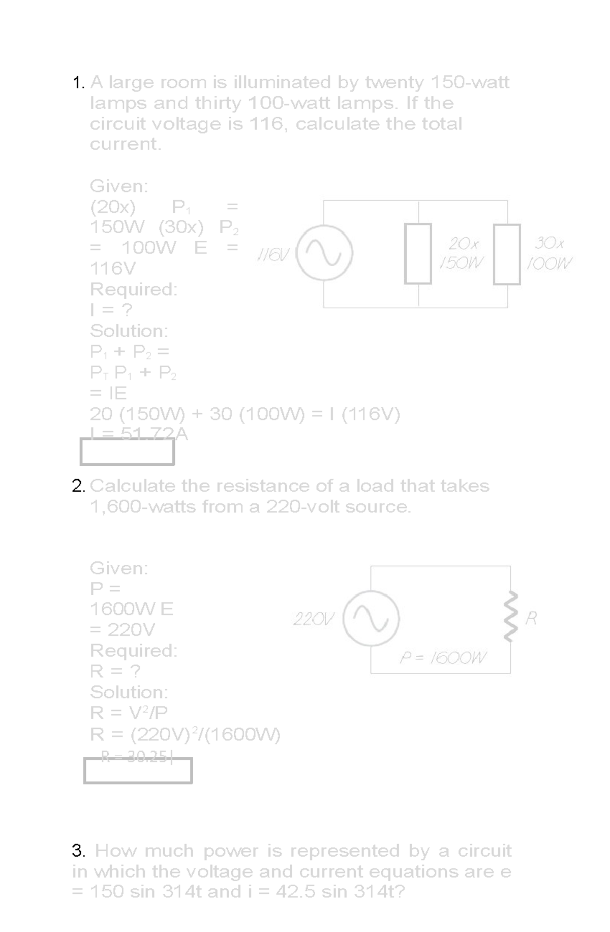 Circuits 2 problem set recolored - R = 30| A large room is illuminated by twenty 150-watt lamps ...