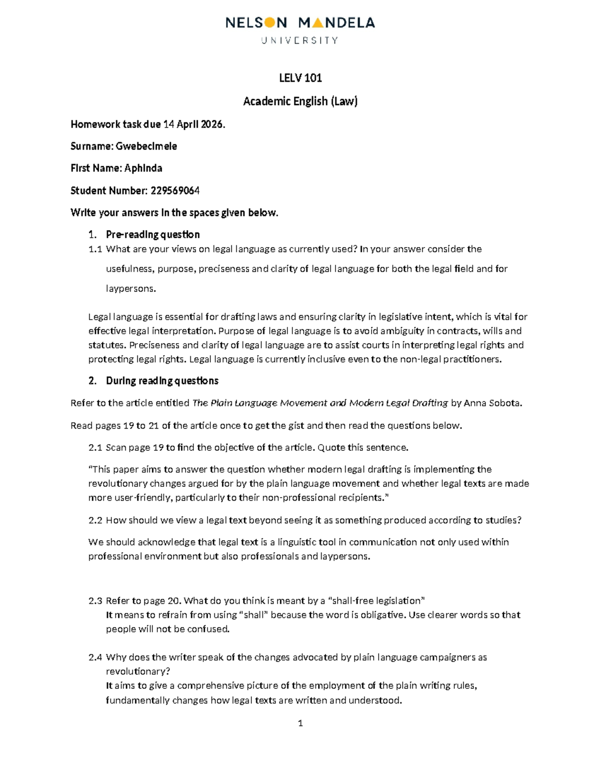 LELV 101 Homework: Legal Language & Plain Language Movement Analysis ...