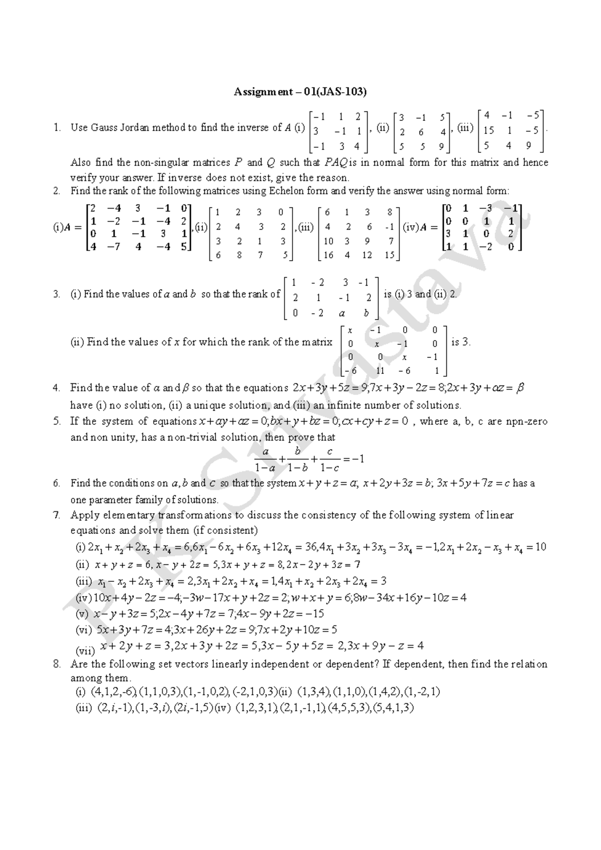 Assignment 01 - Gauss Jordan Method & Matrix Rank Analysis - Studocu