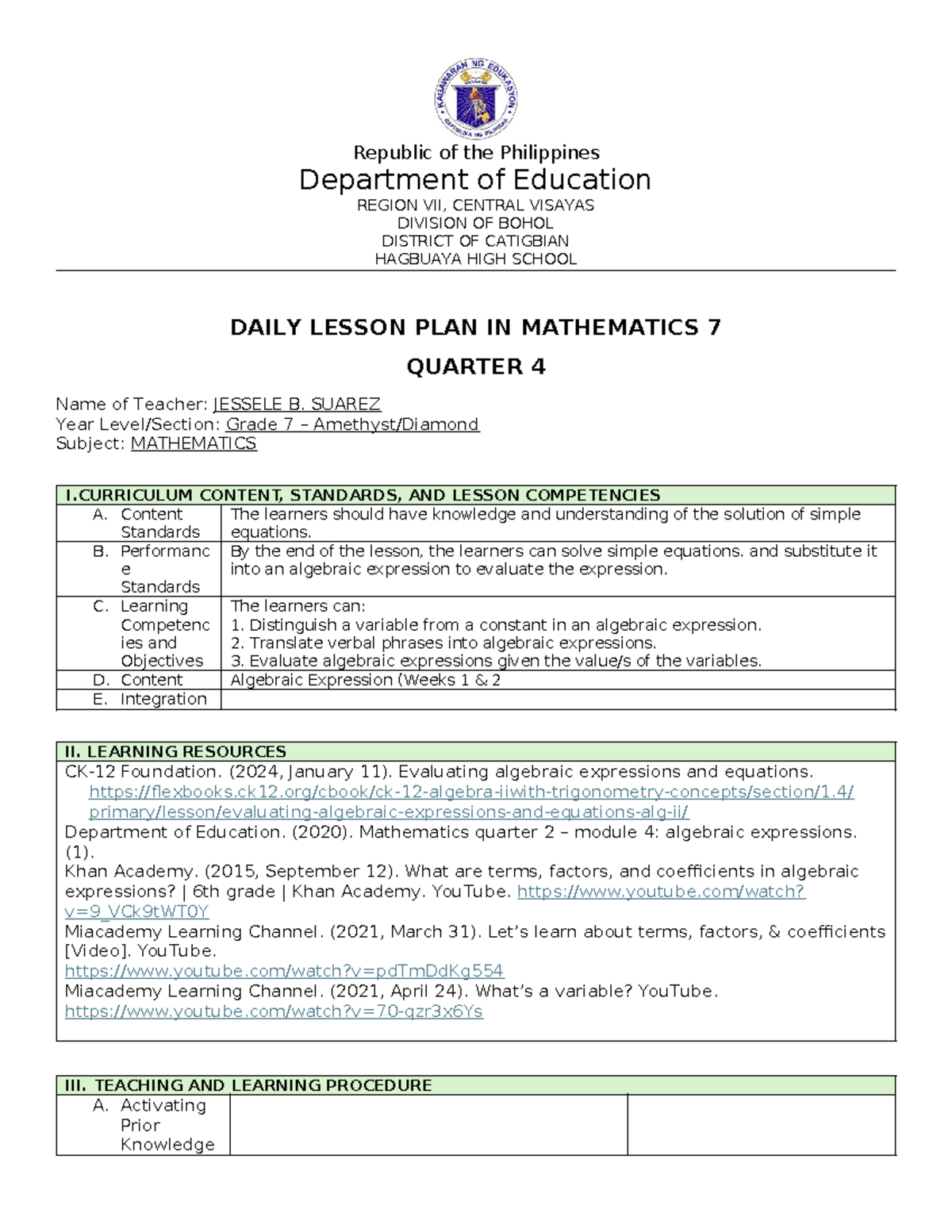 Daily Lesson Plan in Mathematics 7 (DLP) - Quarter 4 - Studocu