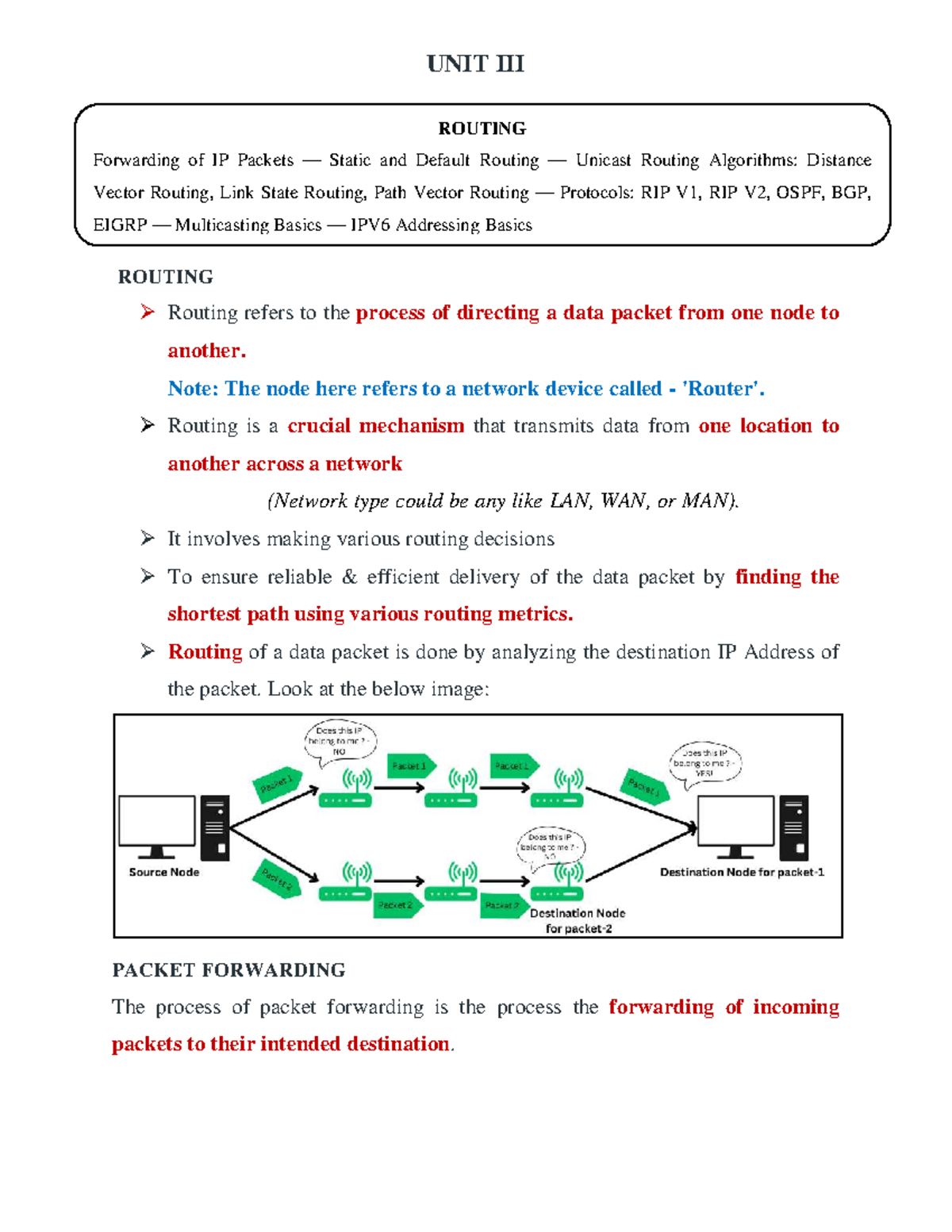 UNIT III: Routing - IP Packet Forwarding & Routing Algorithms - Studocu