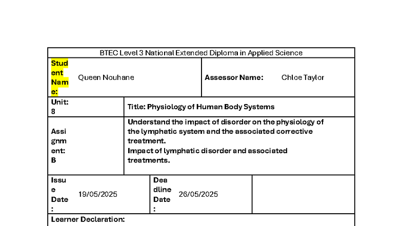 BTEC Level 3 Applied Science Unit 8B: Human Lymphatic System Physiology ...