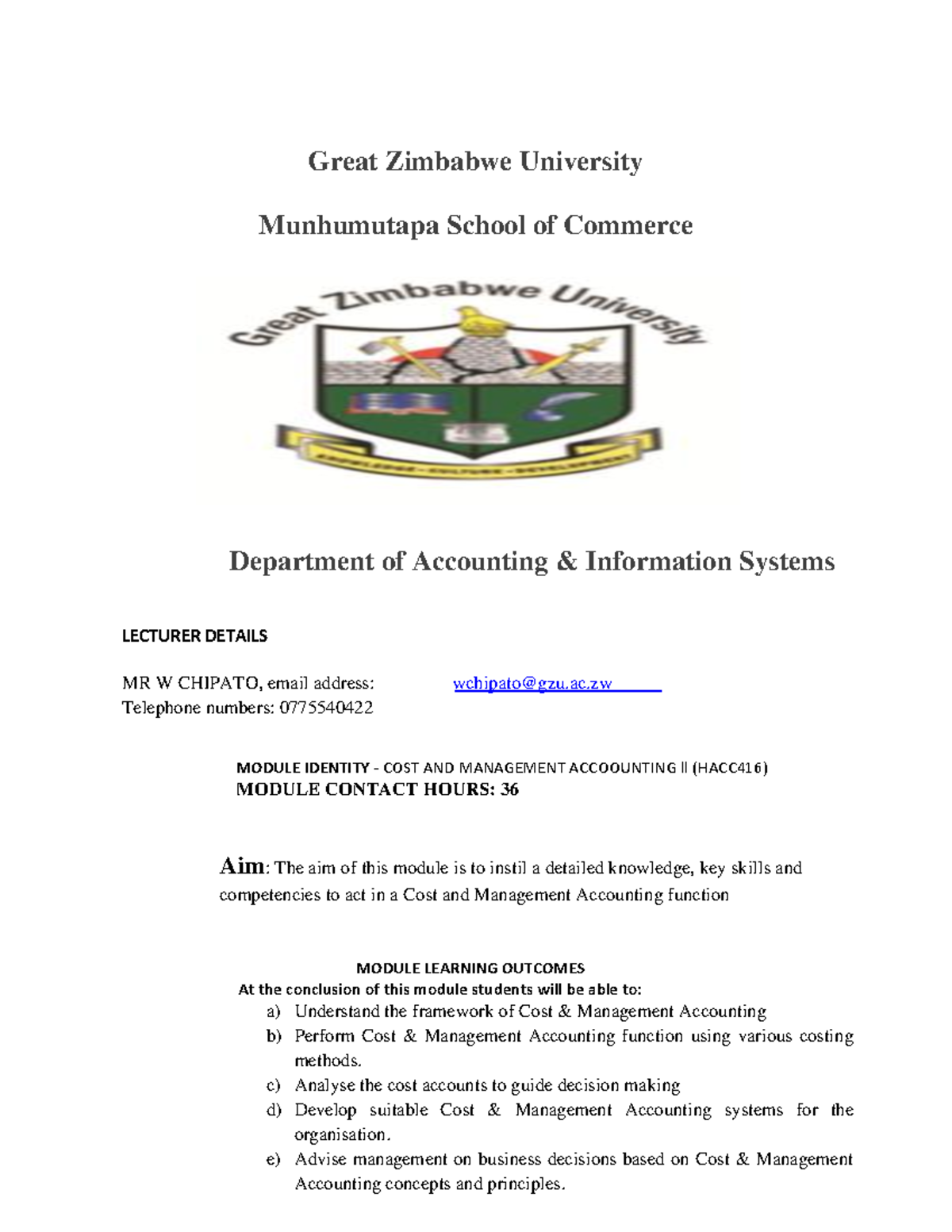HACC416 Cost and Management Accounting Course Outline - Studocu