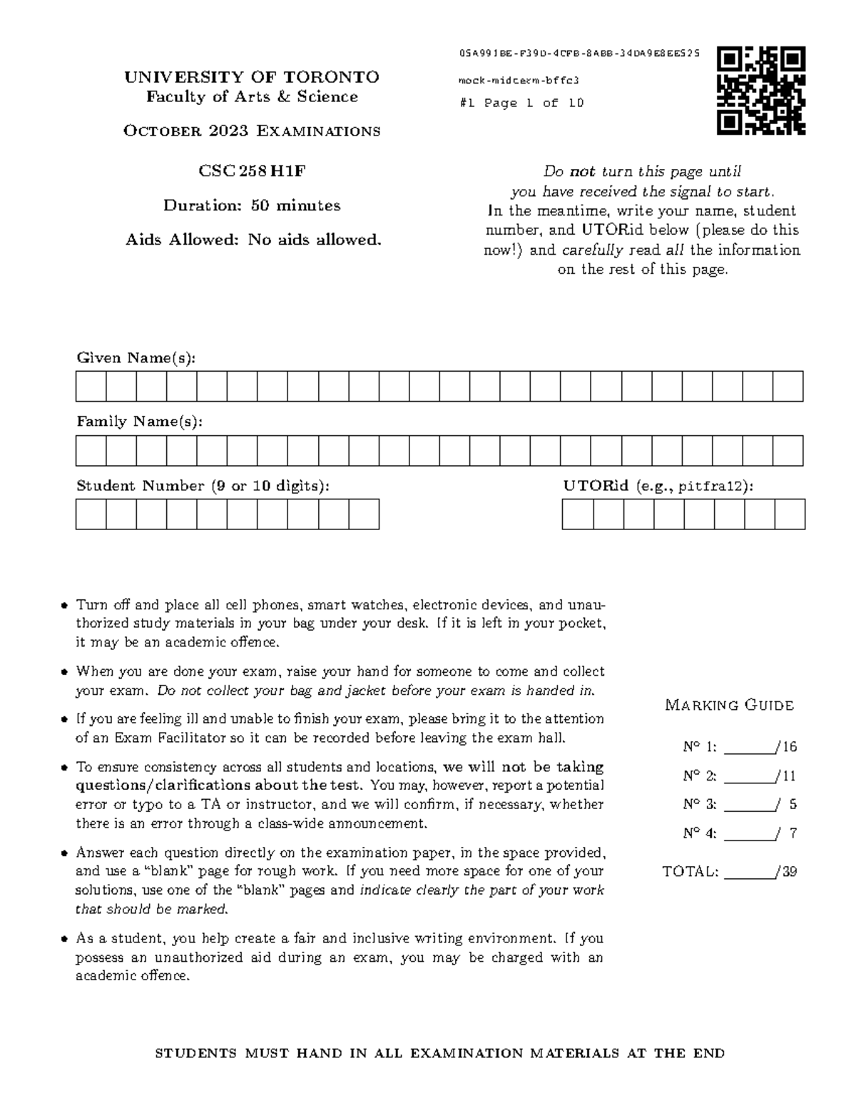 CSC 258 H1F Mock Midterm Examination Booklet - October 2023 - Studocu