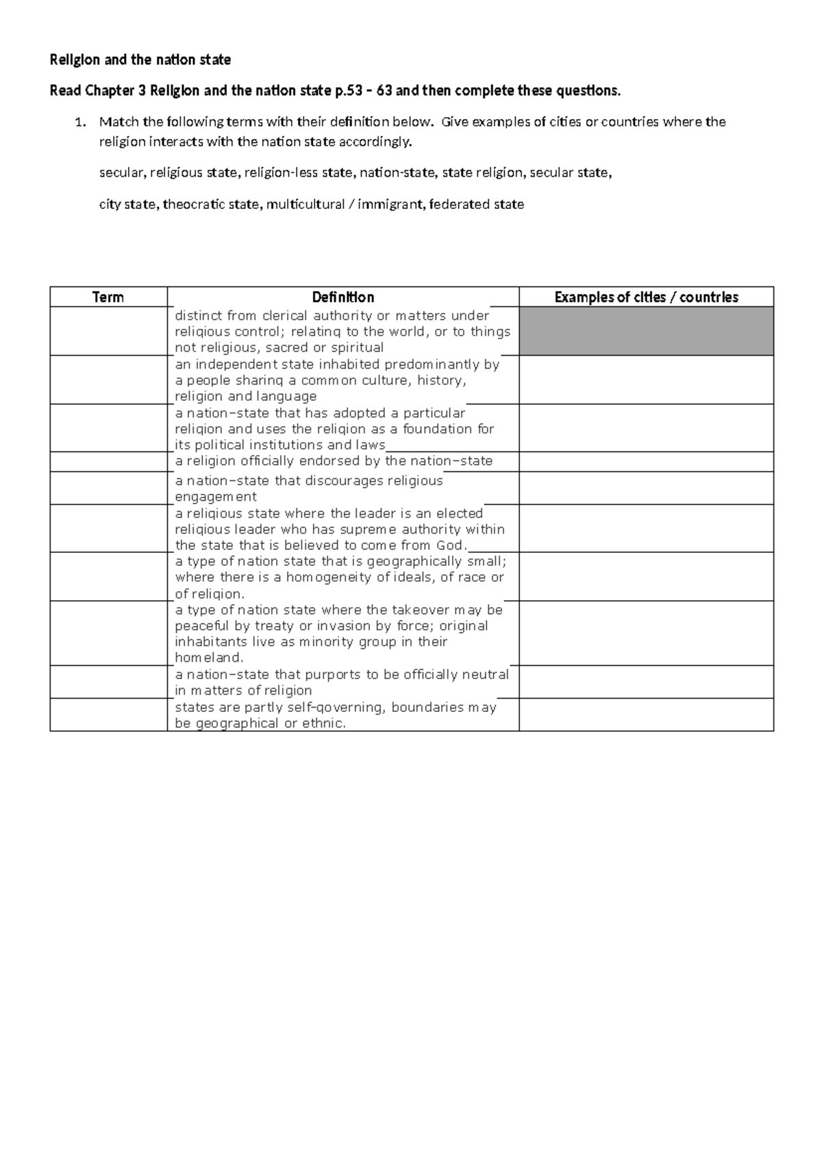 Worksheet 1 Identify Church state relations Questions - Religion and ...