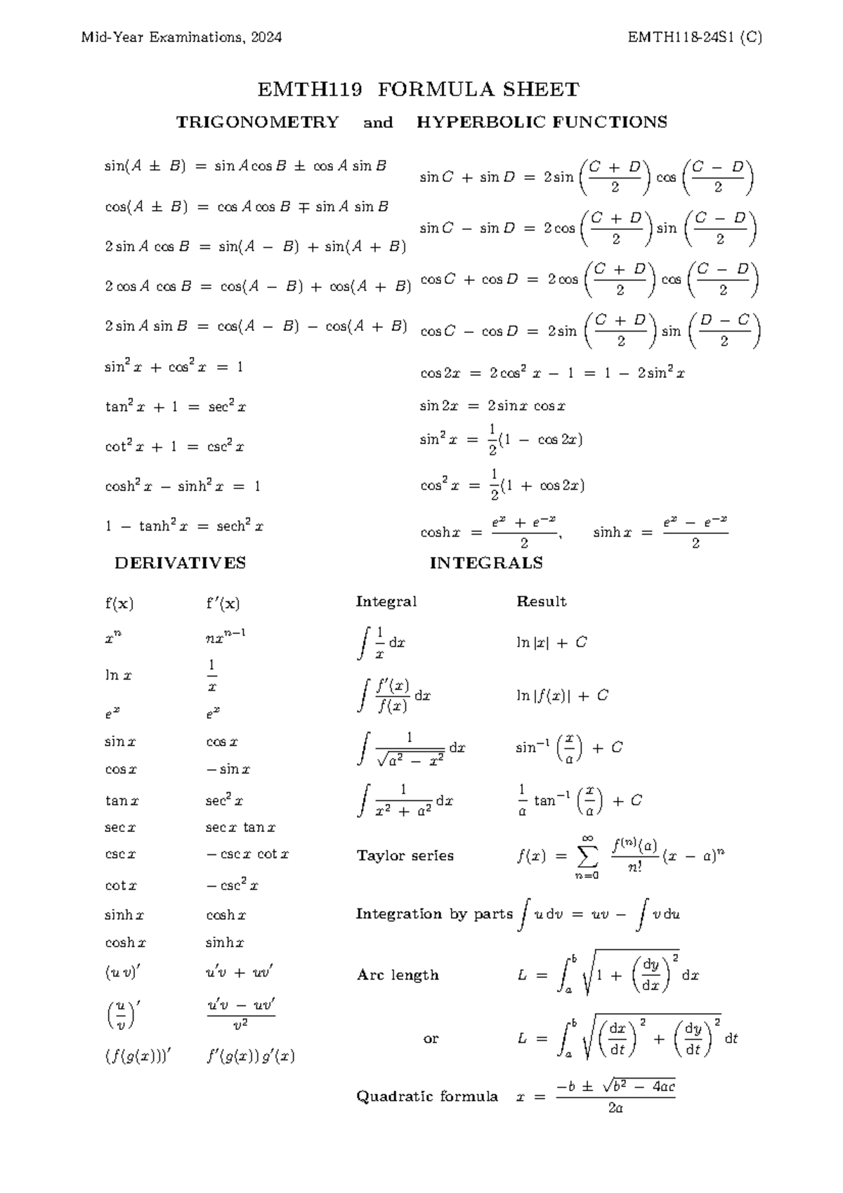 EMTH119 Final Exam Formula Sheet: Key Concepts and Equations - Studocu