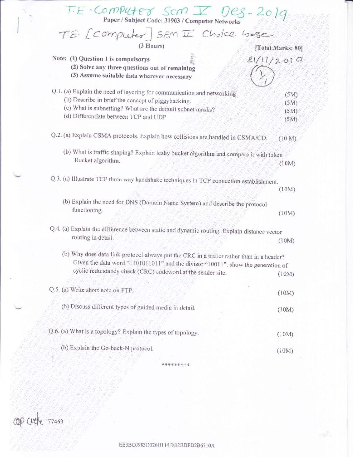 TE COM SEM-V DEC 2019 - Computer Networks & Theory of Computer Science Exam - Studocu