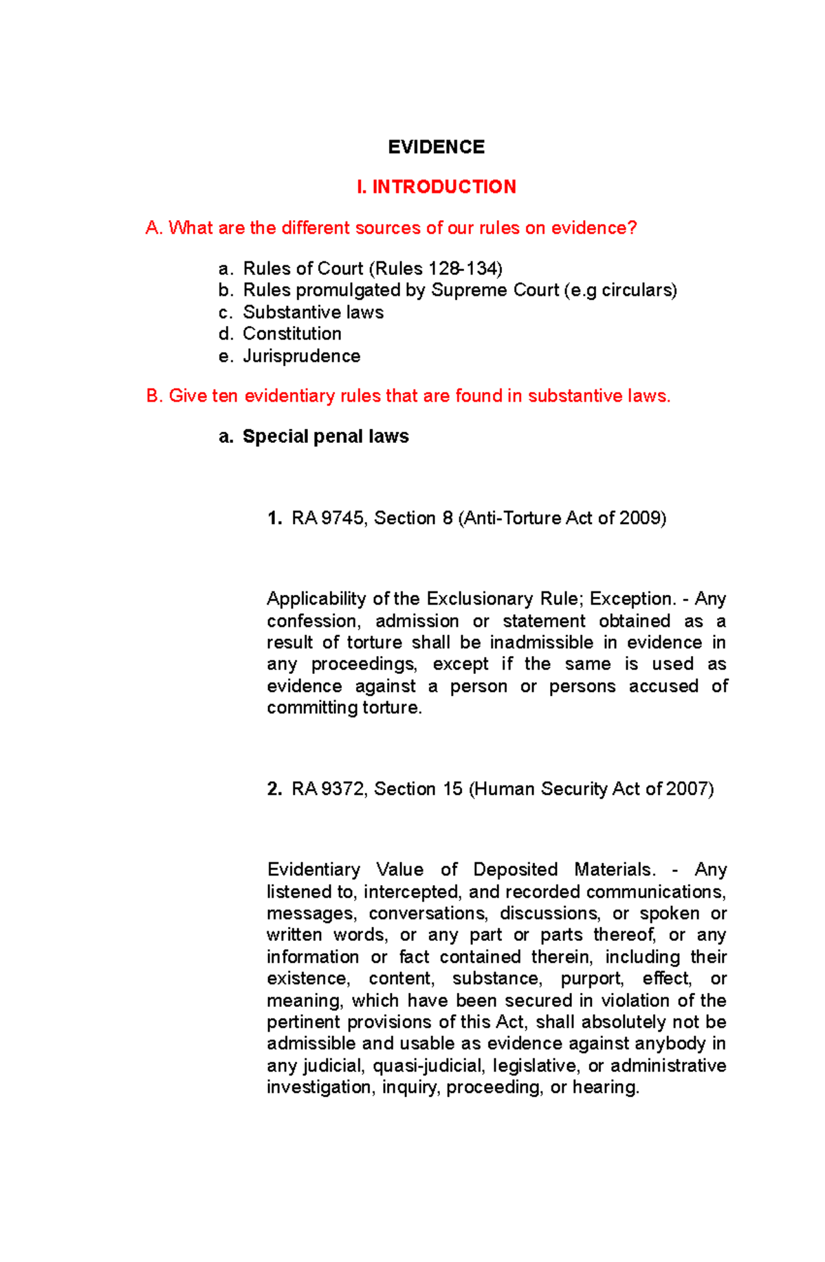Evidence - EVIDENCE I. INTRODUCTION A. What are the different sources ...