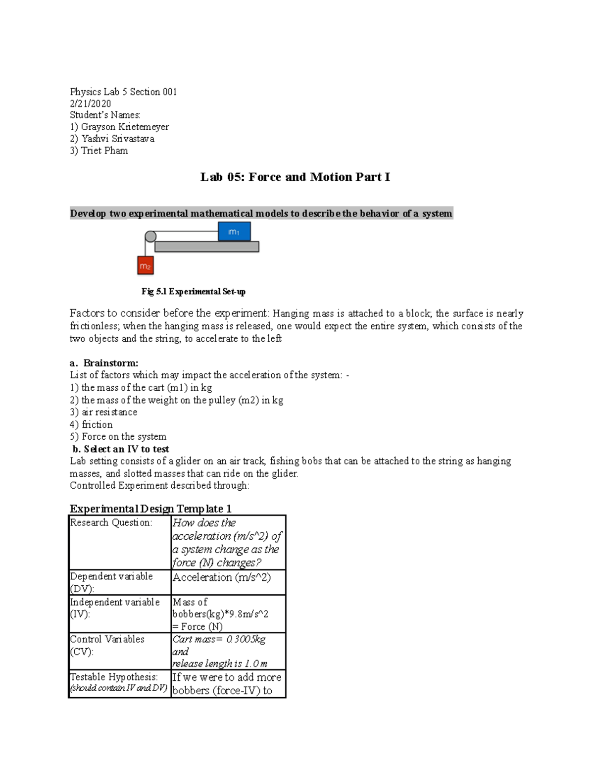 Lab 05 (PHYS 2001L) Experimental Models for Force and Motion Analysis ...