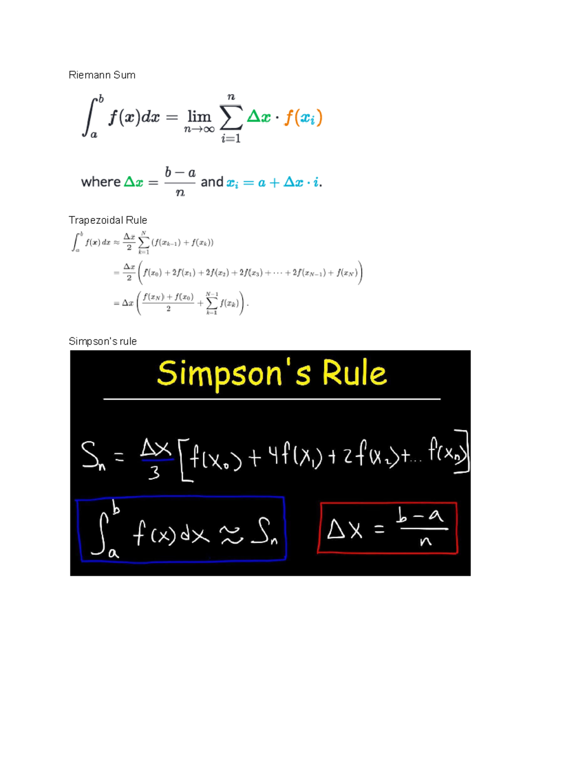 Math 101 Cram - concise review - Riemann Sum Trapezoidal Rule Simpson’s ...