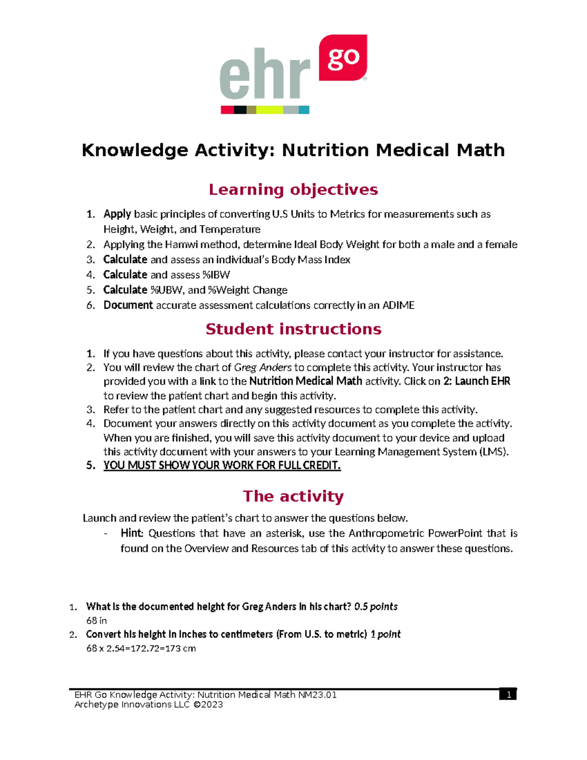 Nutrition Medical Math Activity: Unit Conversion & Weight Assessment ...