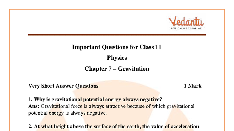 Important Questions for Class 11 Physics Chapter 7: Gravitation - Studocu