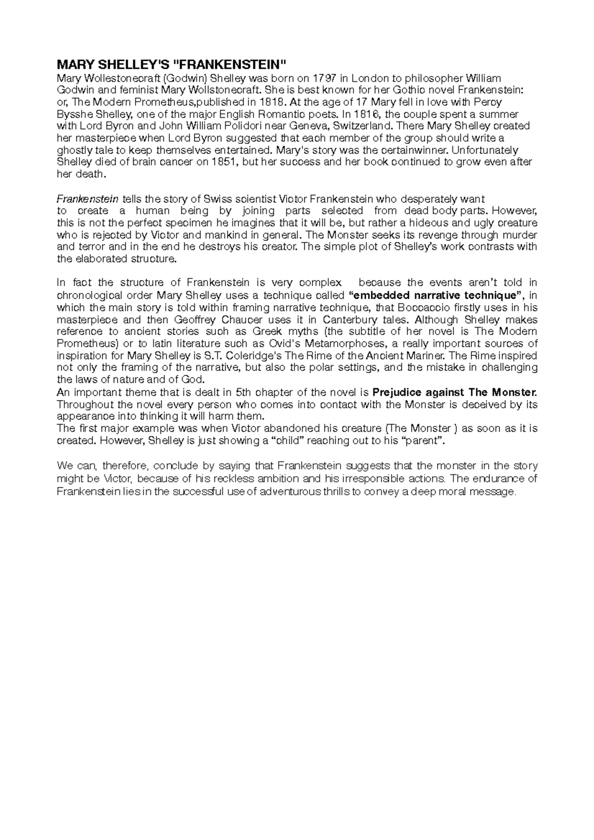 Final Exam Notes on MARY SHELLEY'S "FRANKENSTEIN" (ENG 101) - Studocu