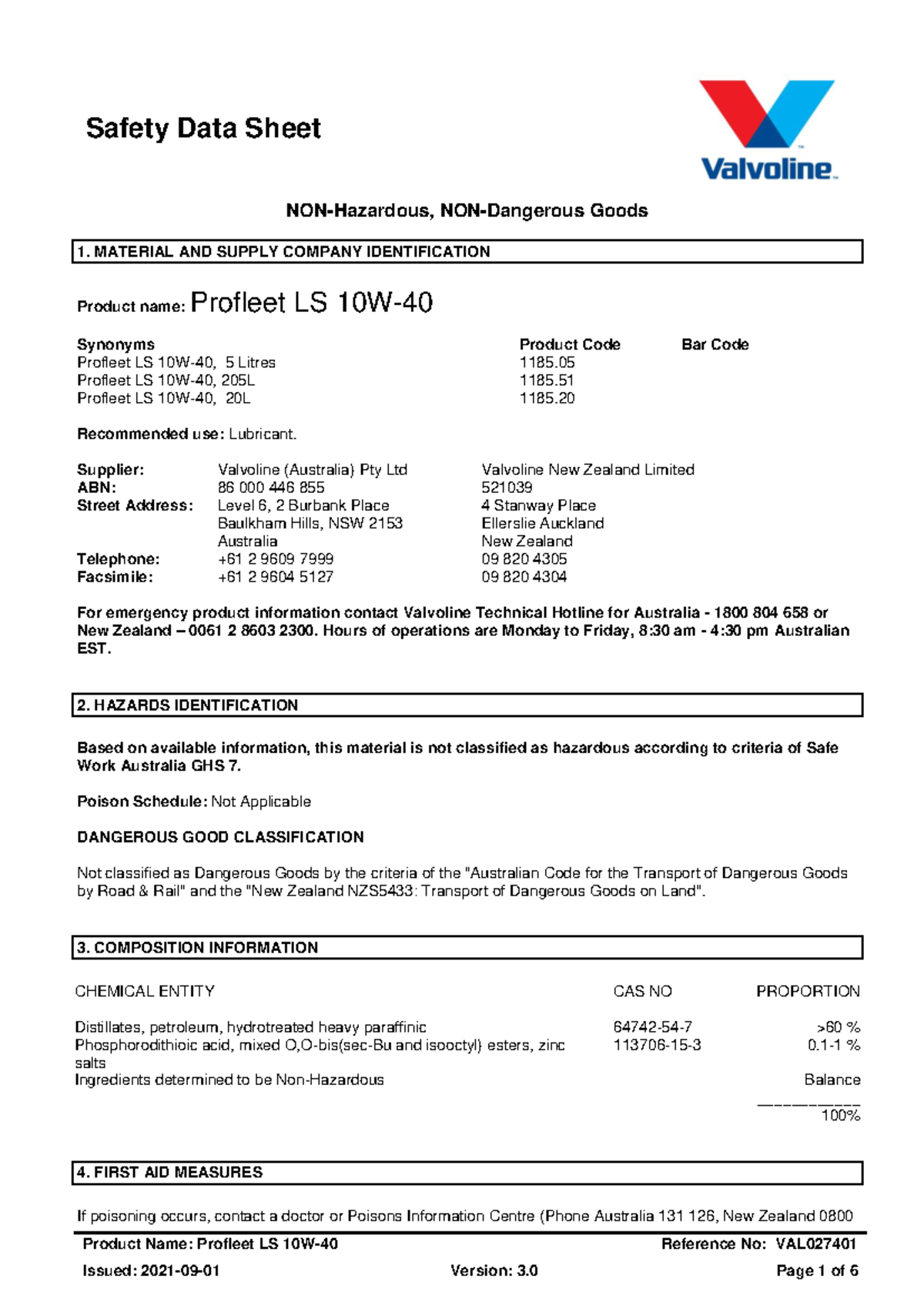 Profleet LS 10W-40 Safety Data Sheet (SDS) - Valvoline - Studocu