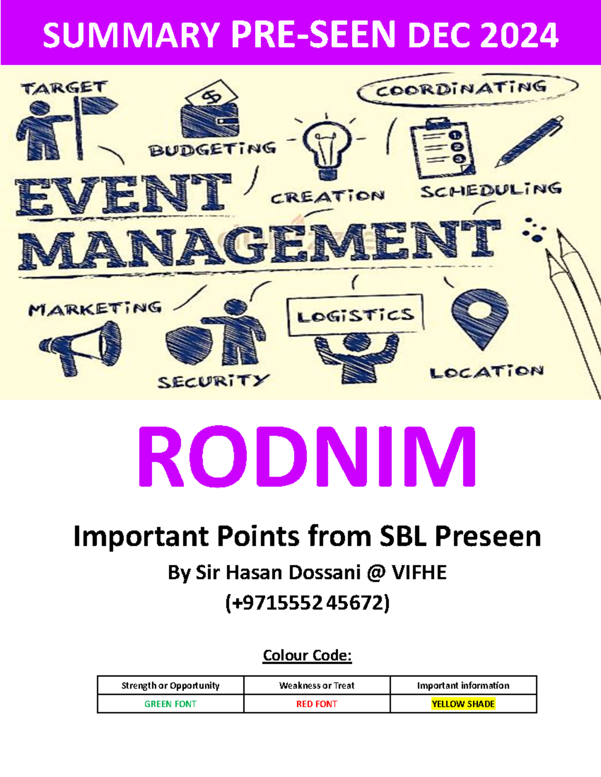 Summary of SBL Preseen for Dec 2024: Insights on Rodnim Events Management - Studocu
